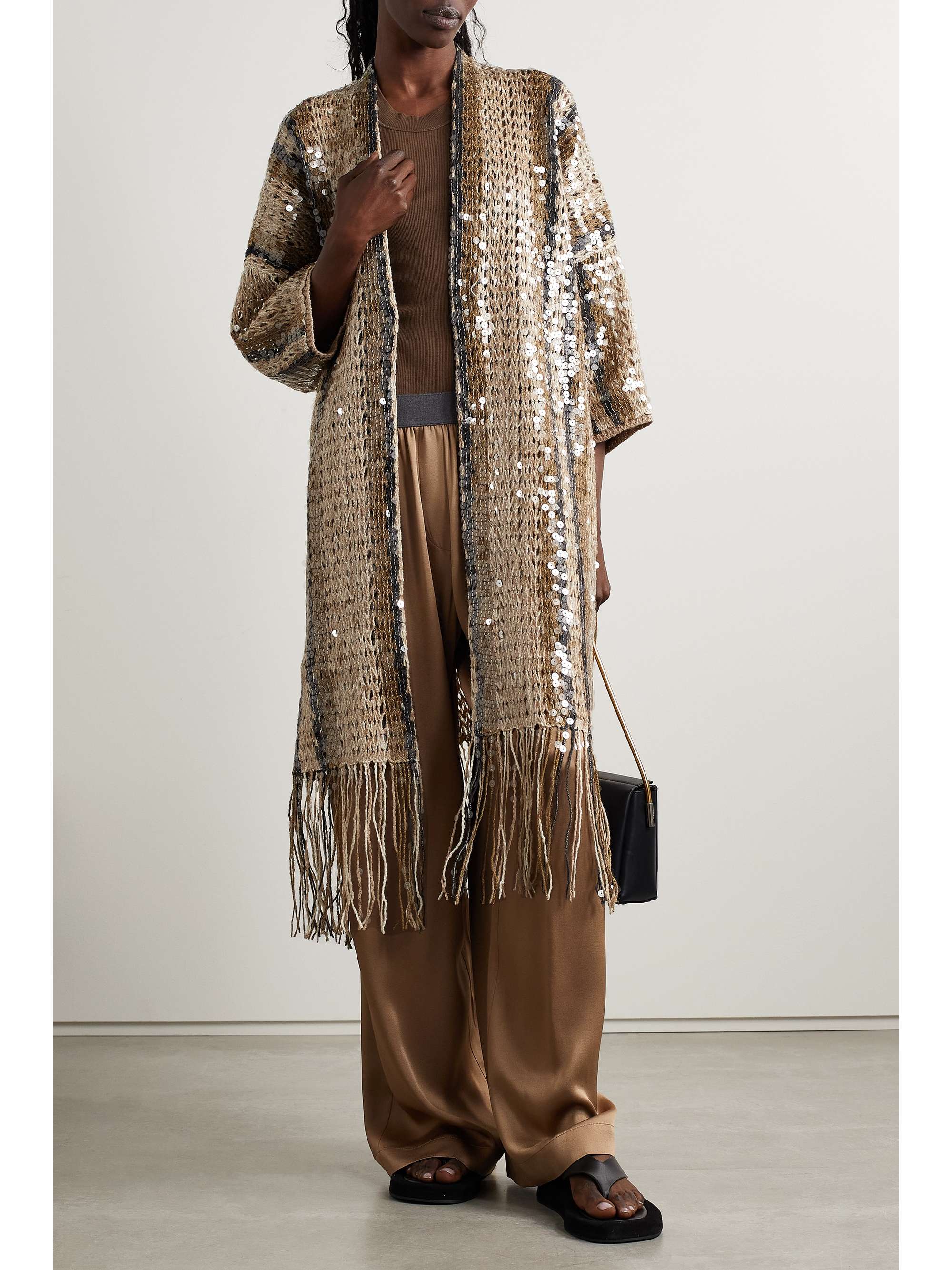 BRUNELLO CUCINELLI Fringed striped sequined jute-blend cardigan | NET-A-PORTER