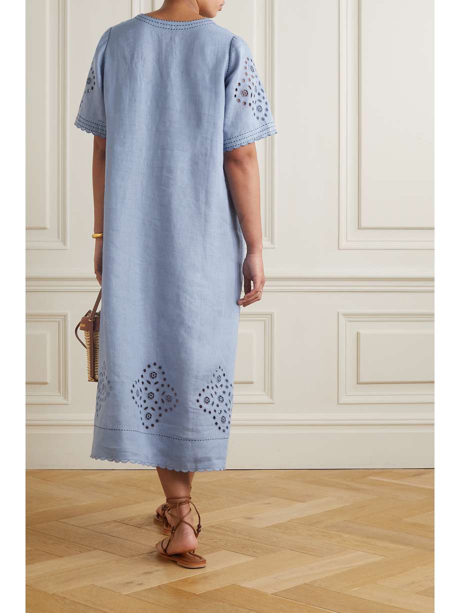Blue Marianne embroidered broderie anglaise linen midi dress | VITA KIN ...