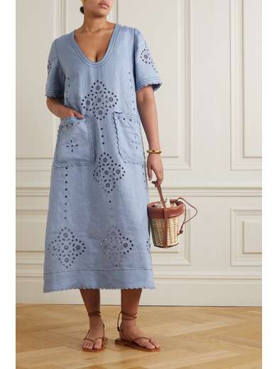 Blue Marianne embroidered broderie anglaise linen midi dress | VITA KIN ...