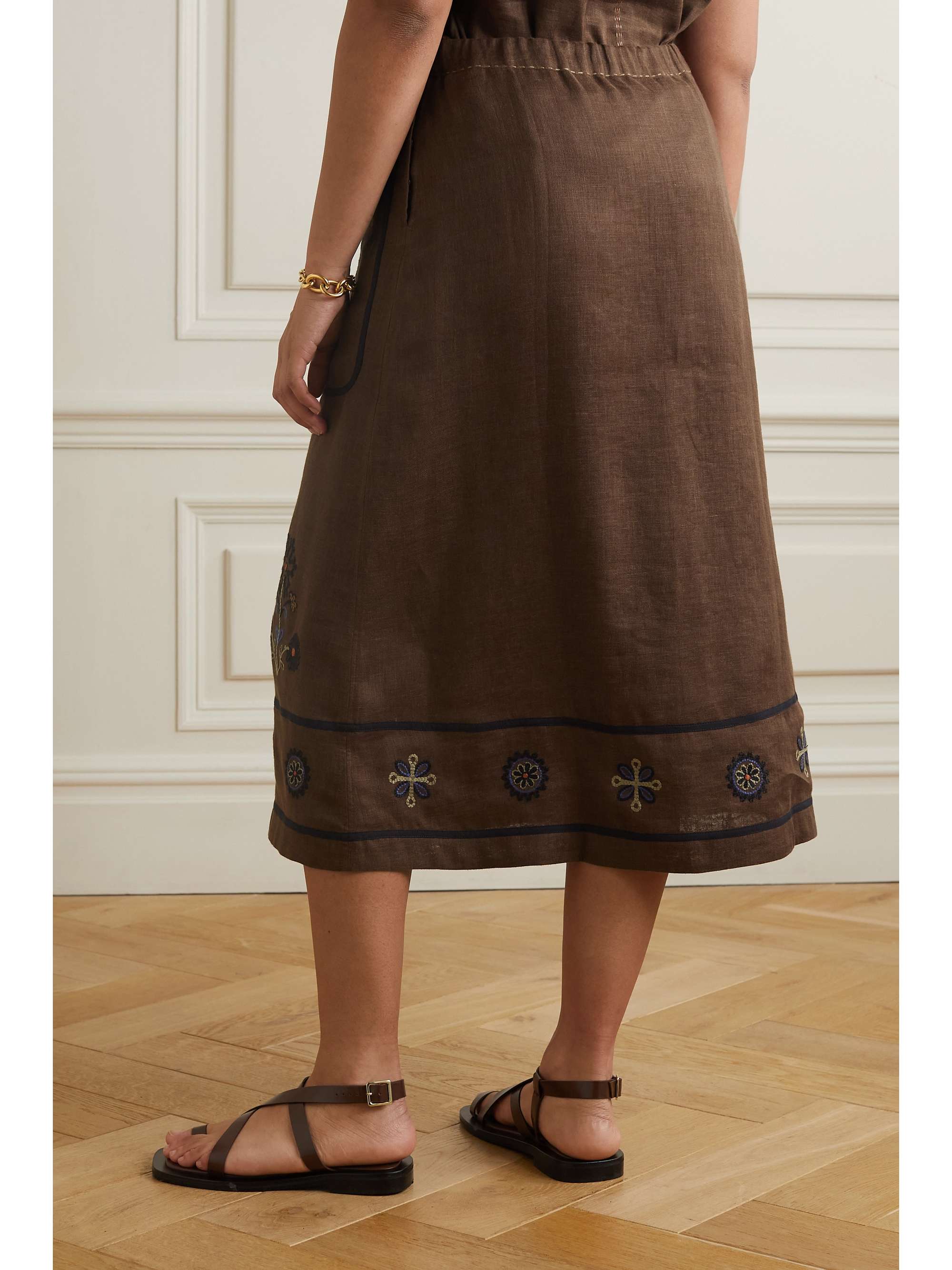 VITA KIN Misha embroidered linen midi skirt | NET-A-PORTER