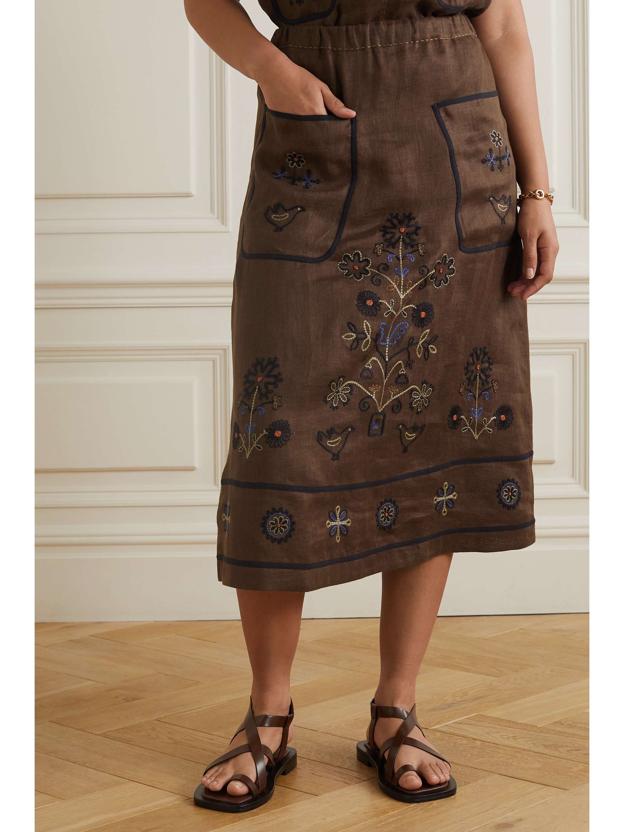 VITA KIN Misha embroidered linen midi skirt | NET-A-PORTER