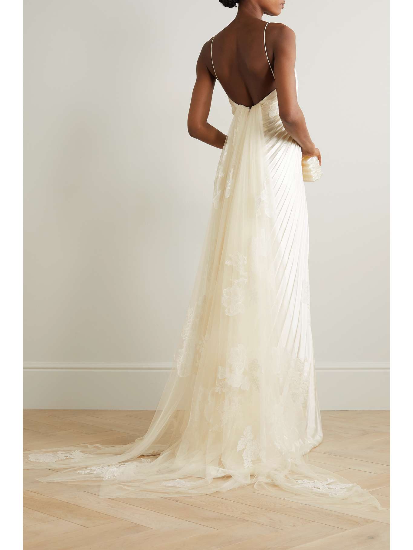 DANIELLE FRANKEL Scarlet lace-trimmed pleated satin and tulle gown ...