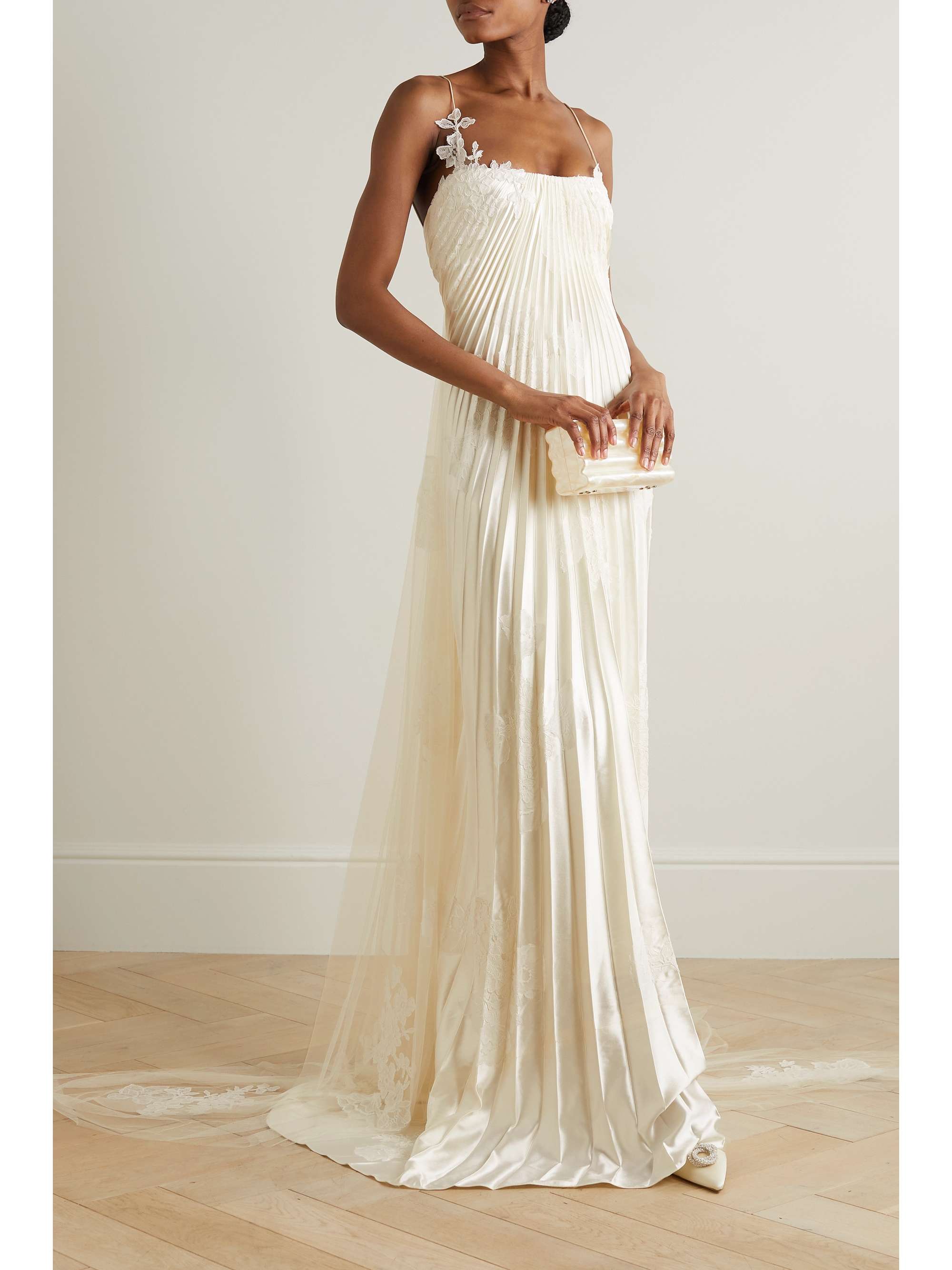 DANIELLE FRANKEL Scarlet lace-trimmed pleated satin and tulle gown ...