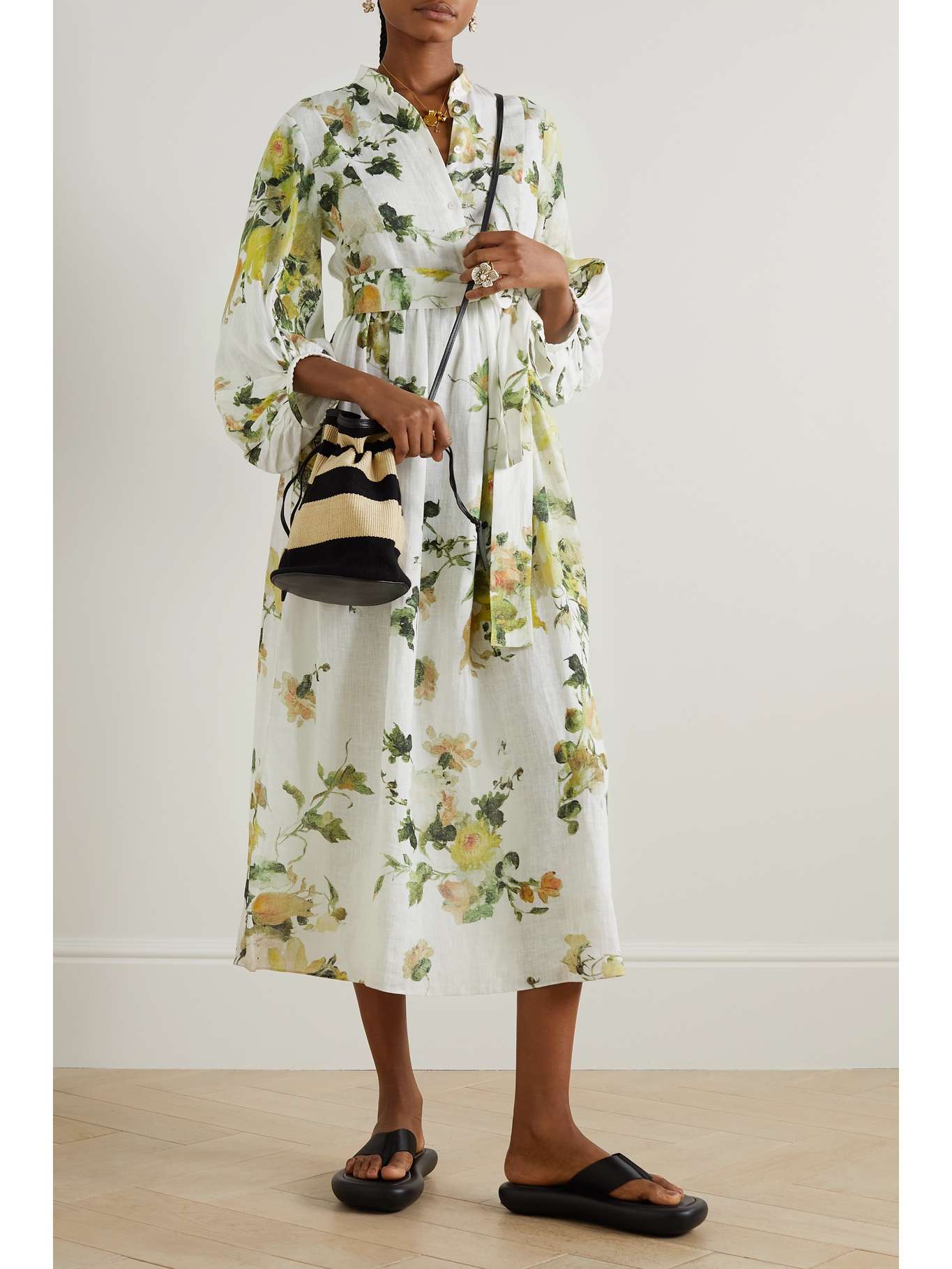 White Nairne belted floral-print linen midi shirt dress | ERDEM | NET-A ...