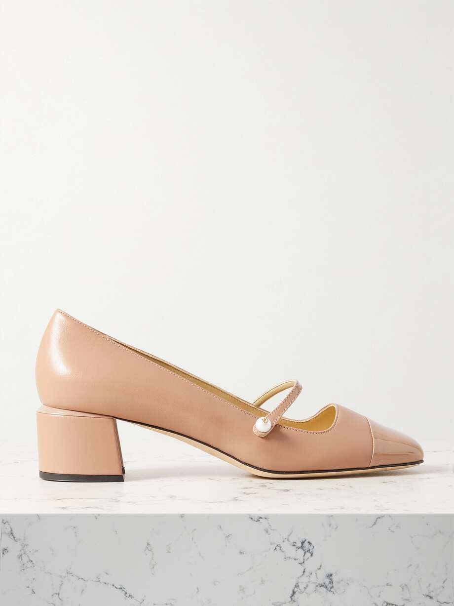 JIMMY CHOO Elisa 45 embellished patent-trimmed leather Mary Jane pumps ...