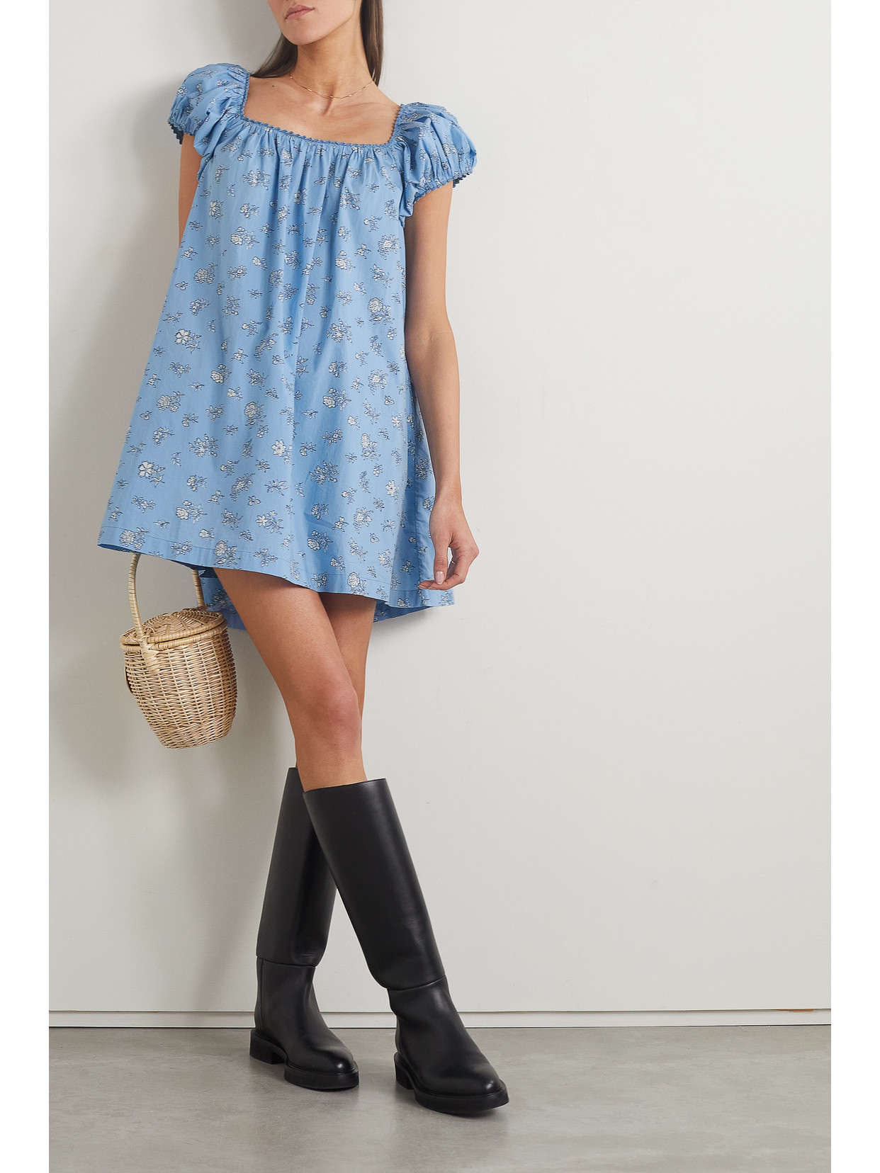 Doen Julie Floral-print Organic Cotton-poplin Mini Dress In Blue | ModeSens