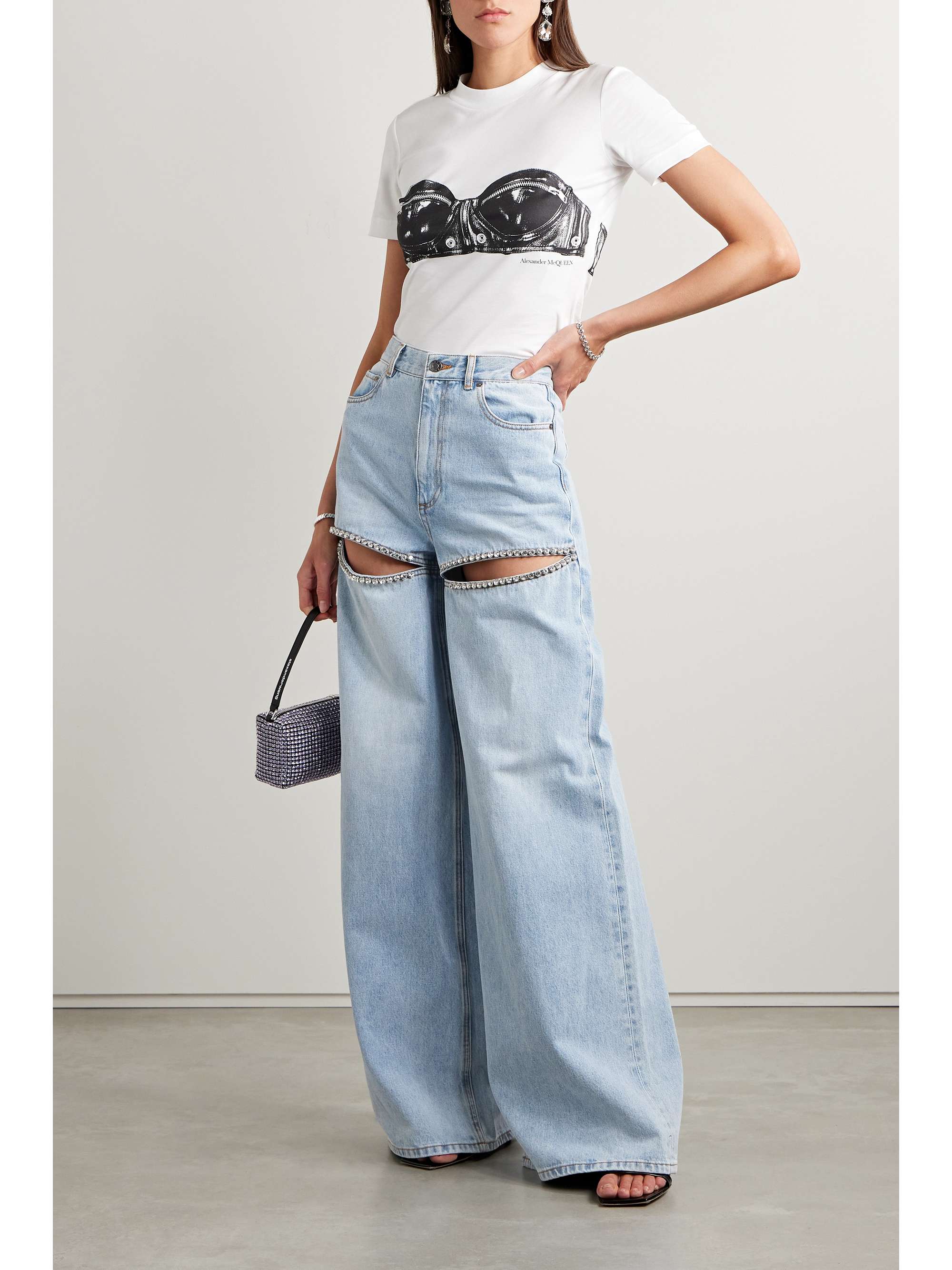 AREA Crystal-embellished cutout high-rise wide-leg jeans | NET-A-PORTER