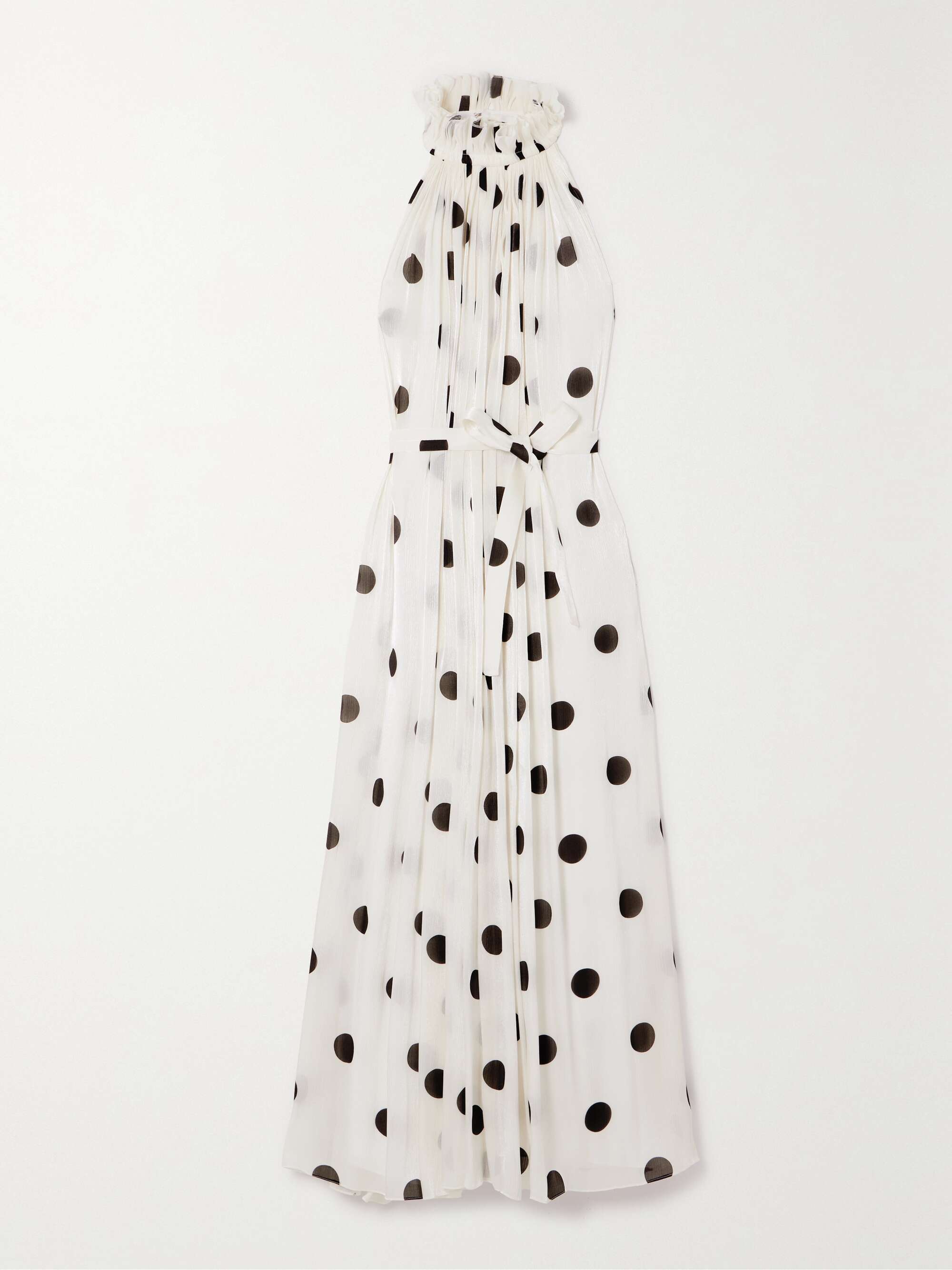 HALPERN Open-back ruffled bow-detailed polka-dot crepon halterneck midi ...