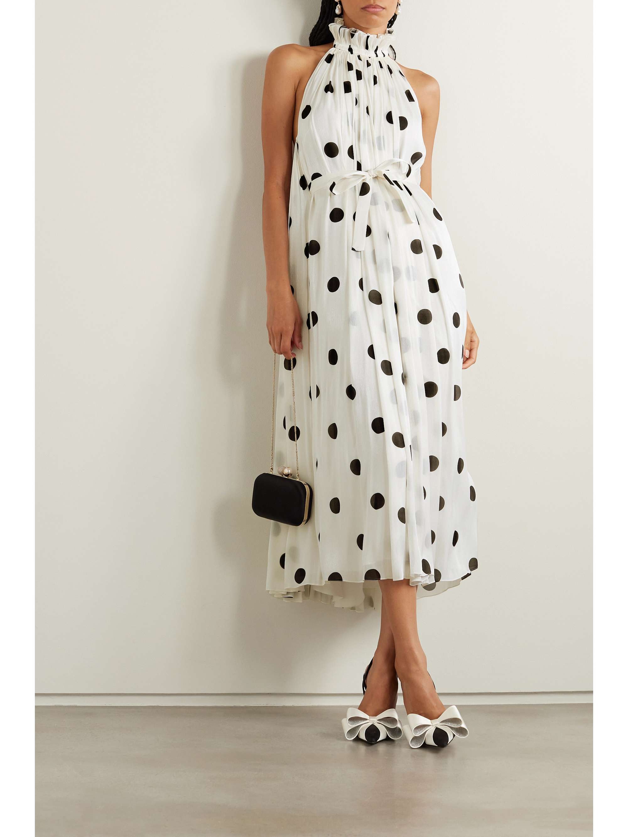 HALPERN Open-back ruffled bow-detailed polka-dot crepon halterneck midi ...