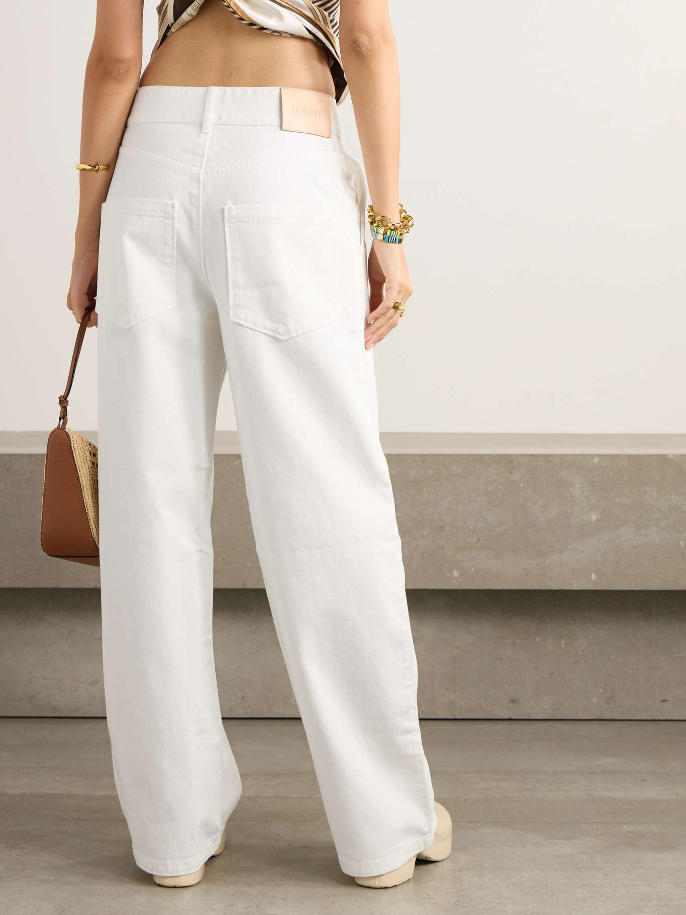 LOEWE + Paula's Ibiza leather-trimmed embroidered high-rise wide-leg ...