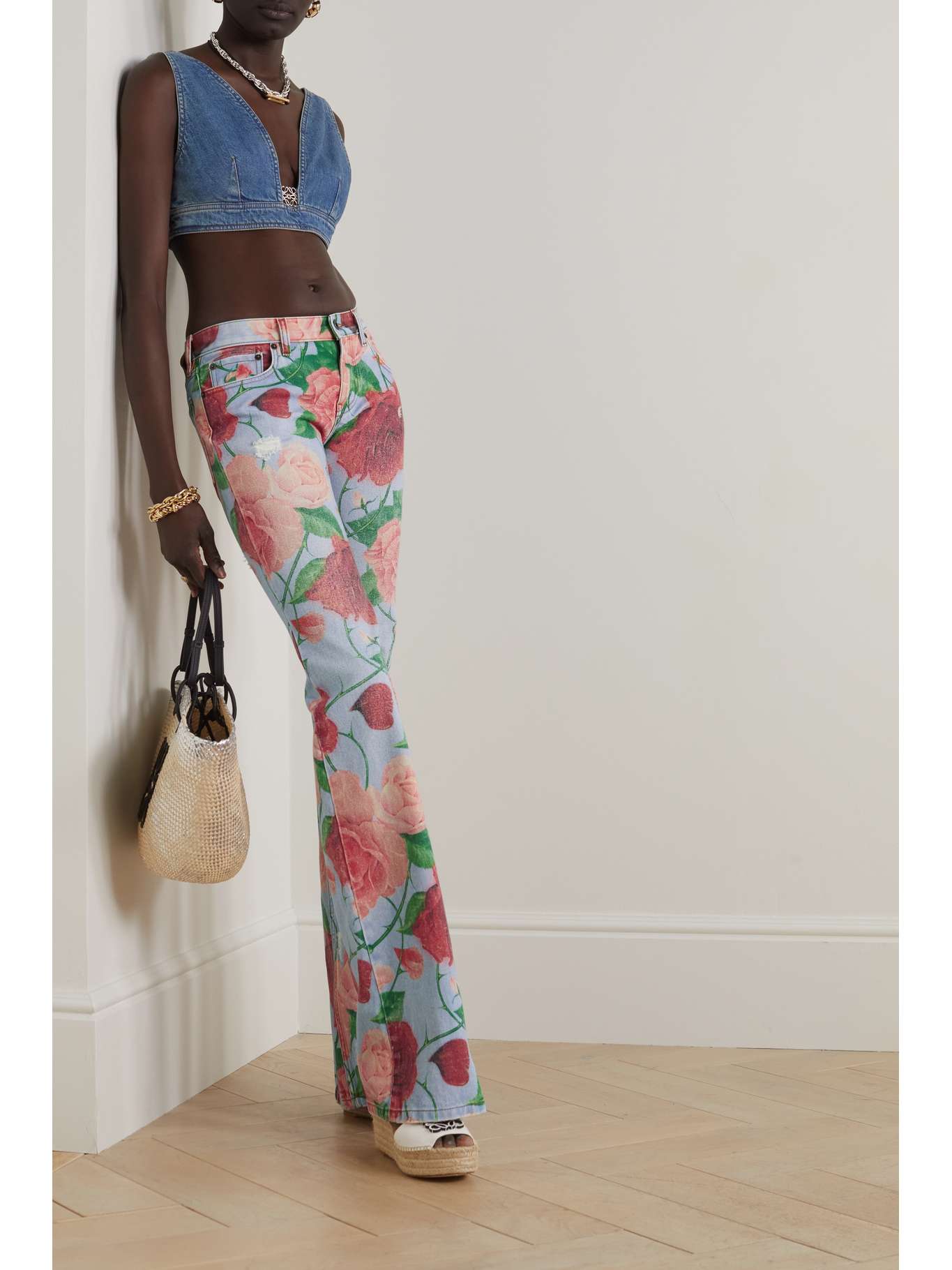 + Paula's Ibiza Roses leather-trimmed floral-print flared jeans | NET-A ...