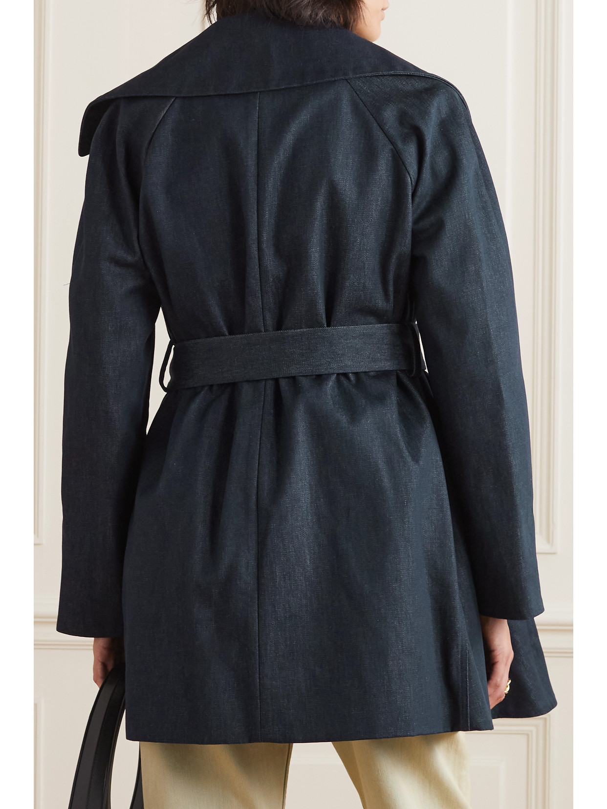 Loewe Trapeze Belted Leather-trimmed Denim Trench Coat In Raw Denim ...