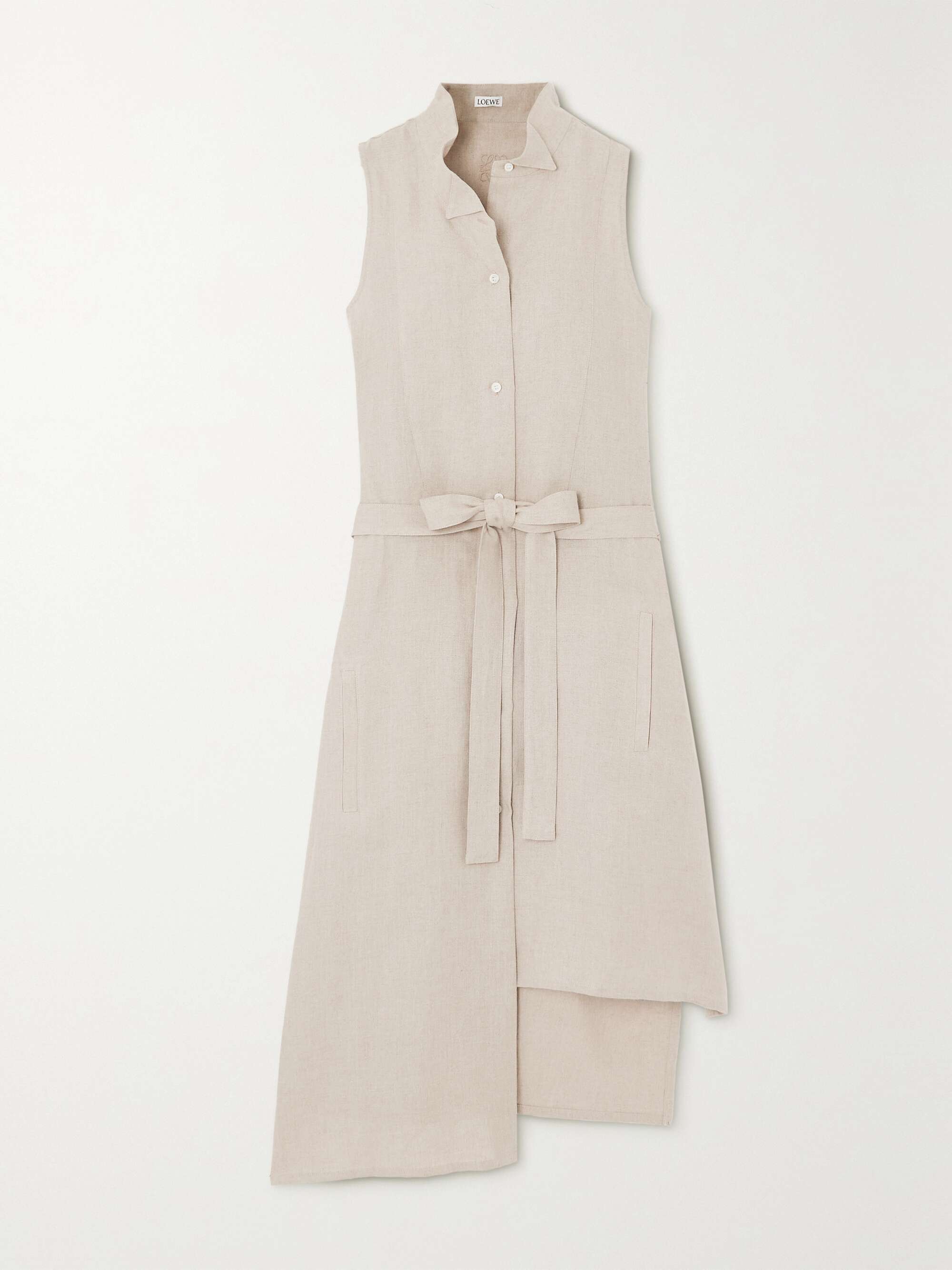 LOEWE Asymmetric embroidered belted linen midi dress | NET-A-PORTER