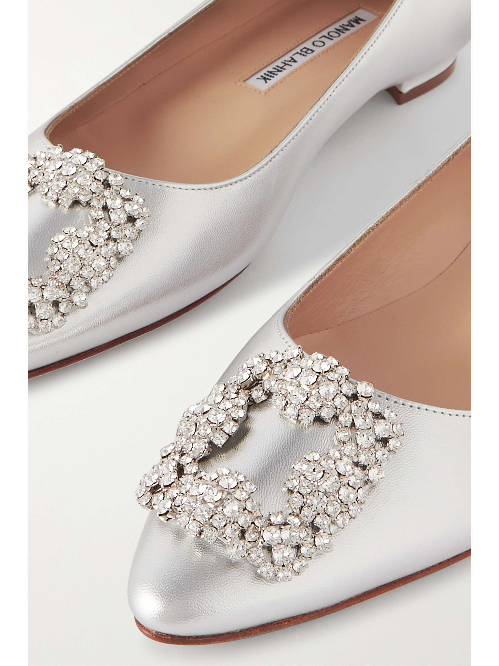 MANOLO BLAHNIK Hangisi embellished metallic leather point-toe flats ...