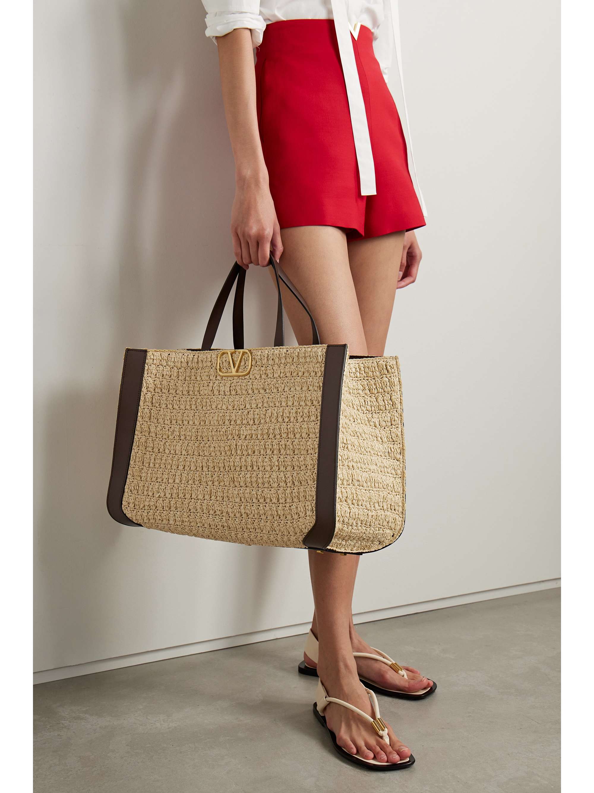 VALENTINO GARAVANI VLOGO leather-trimmed woven raffia tote | NET-A-PORTER