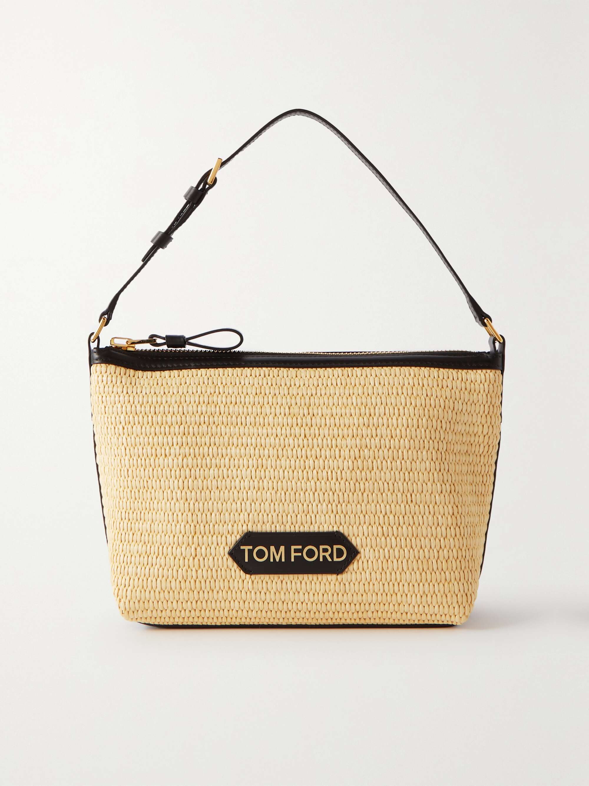 TOM FORD Label leather-trimmed raffia shoulder bag | NET-A-PORTER