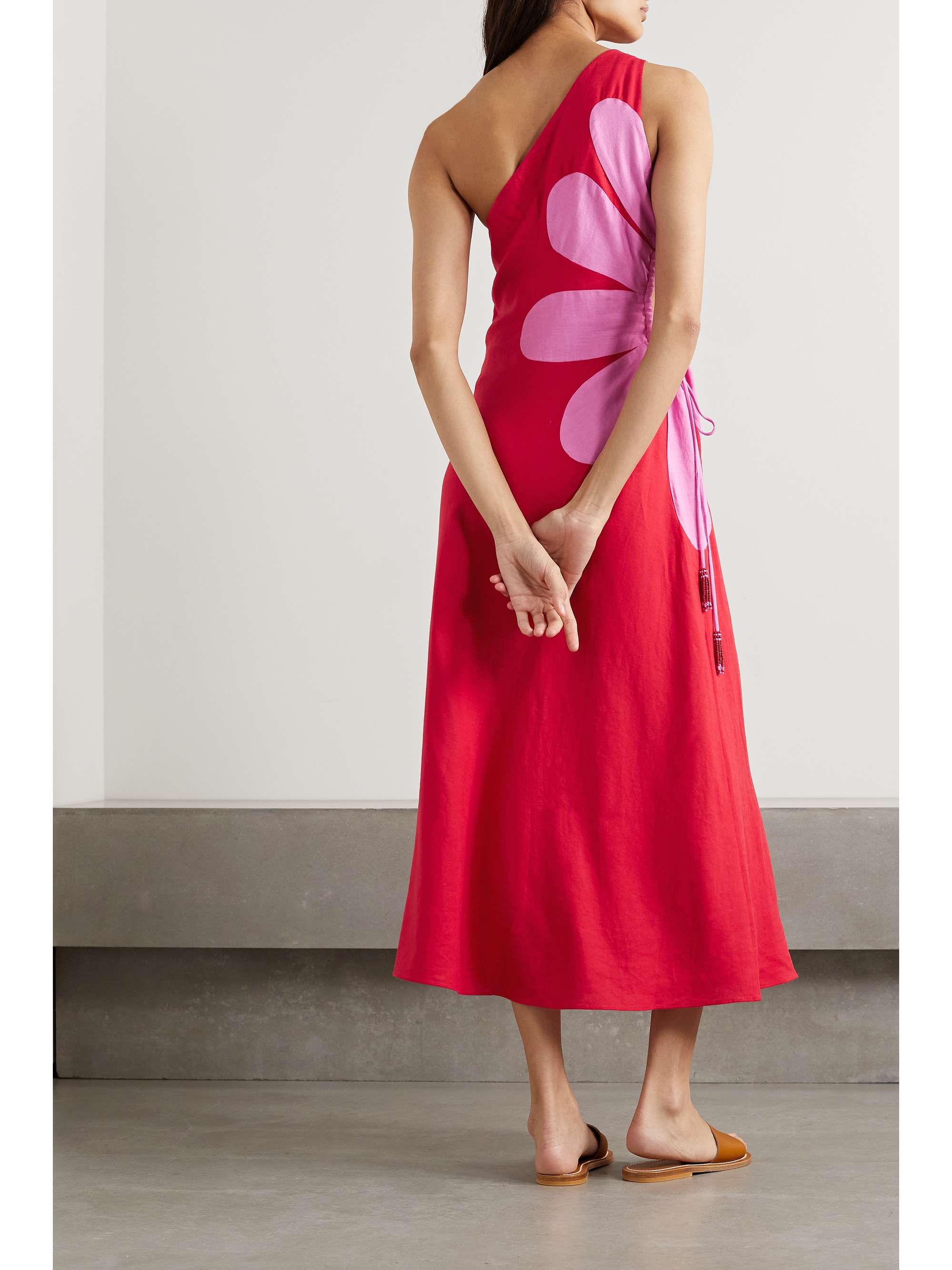 FARM RIO Cutout one-shoulder bead-embellished linen-blend midi dress ...