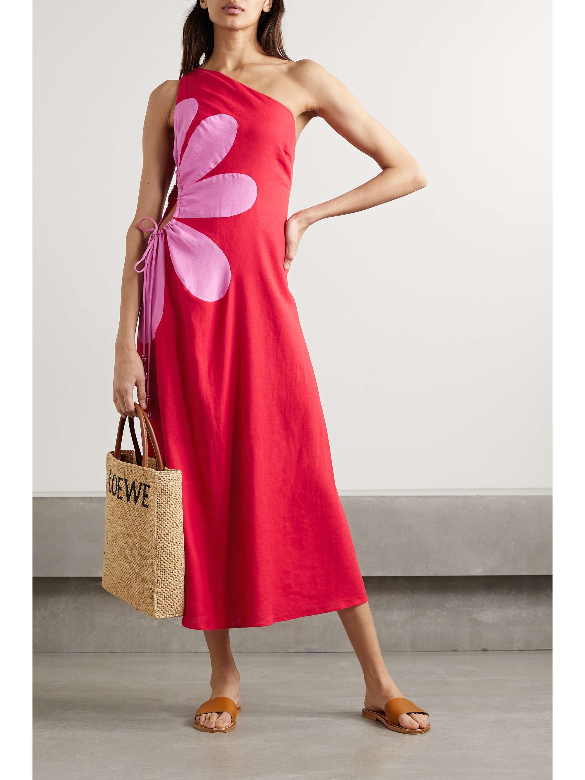 FARM RIO Cutout one-shoulder bead-embellished linen-blend midi dress ...