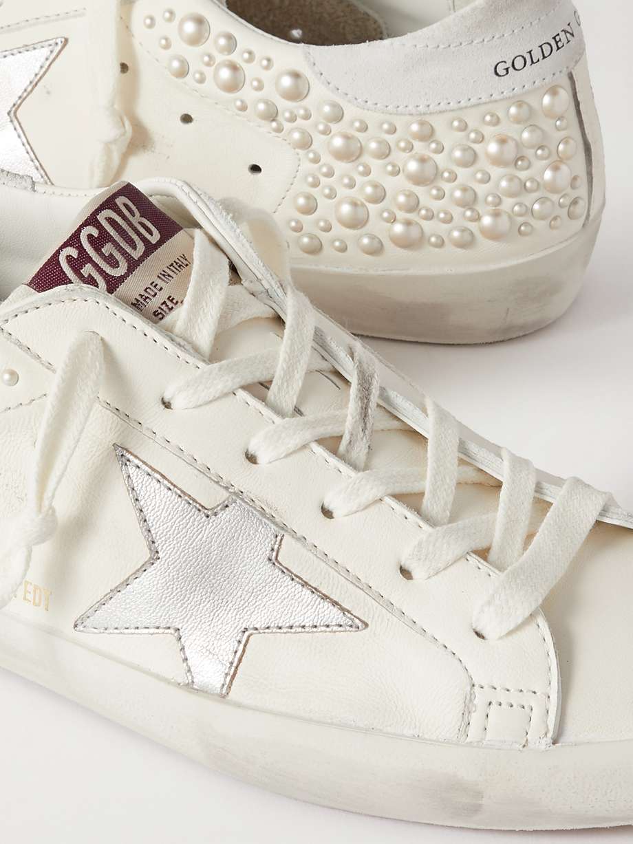 GOLDEN GOOSE Superstar pearl-embellished distressed leather sneakers ...