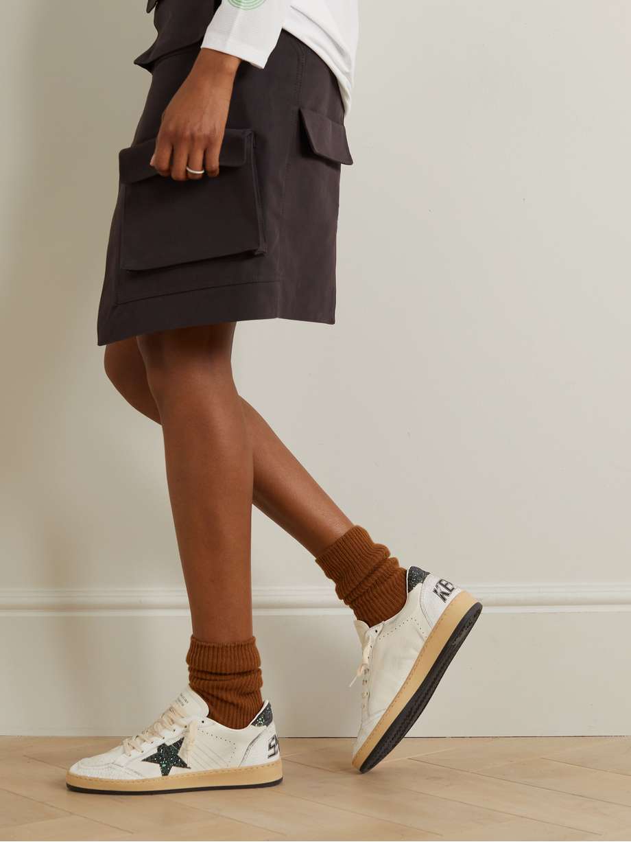 GOLDEN GOOSE Ballstar glittered distressed leather sneakers | NET-A-PORTER