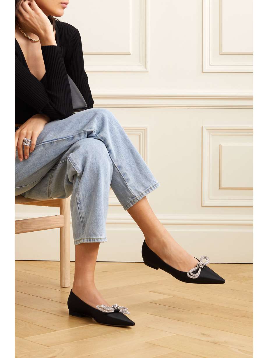 MACH & MACH Double Bow crystal-embellished satin point-toe flats | NET ...