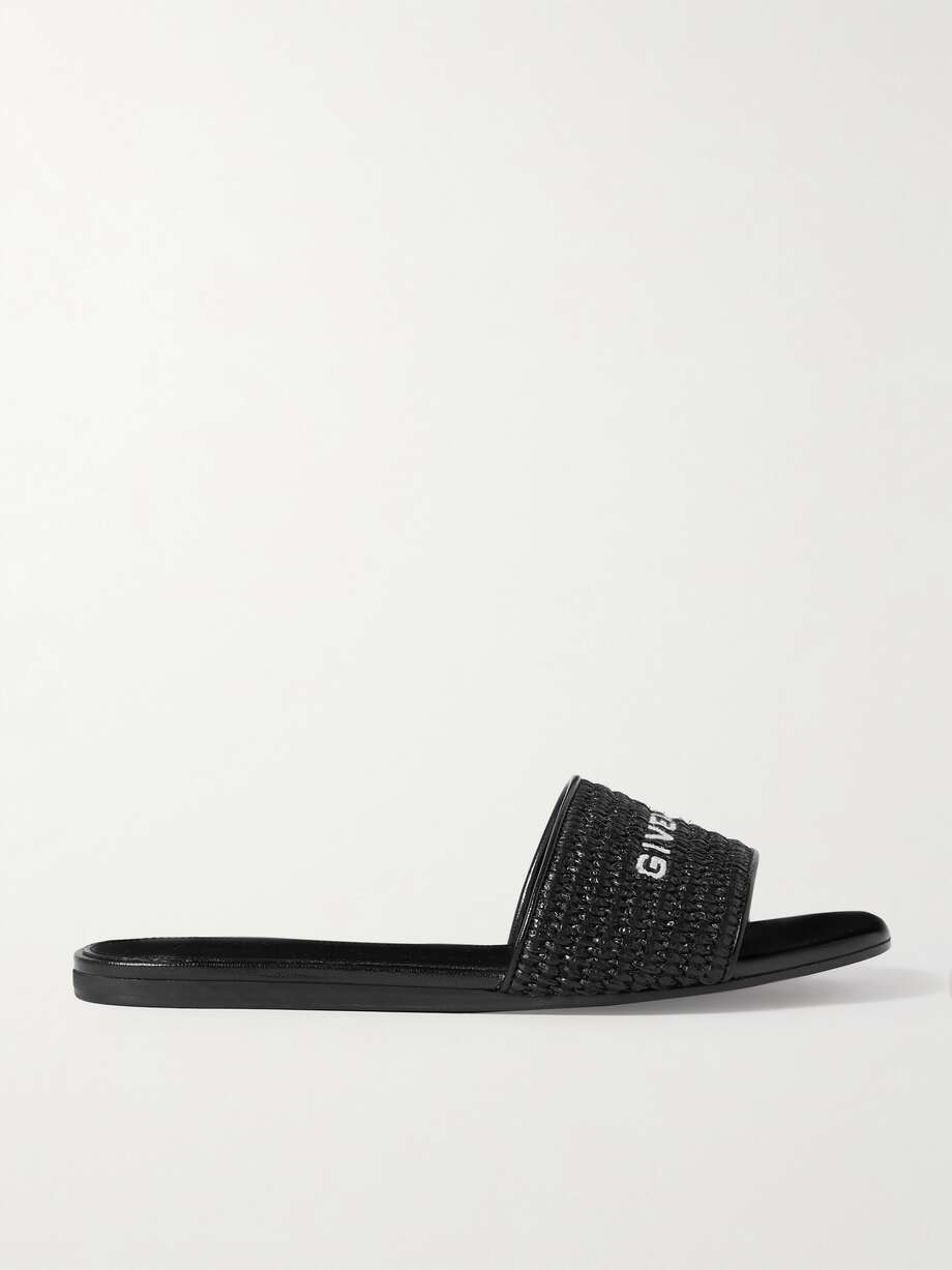 GIVENCHY 4G leather-trimmed embroidered raffia slides | NET-A-PORTER