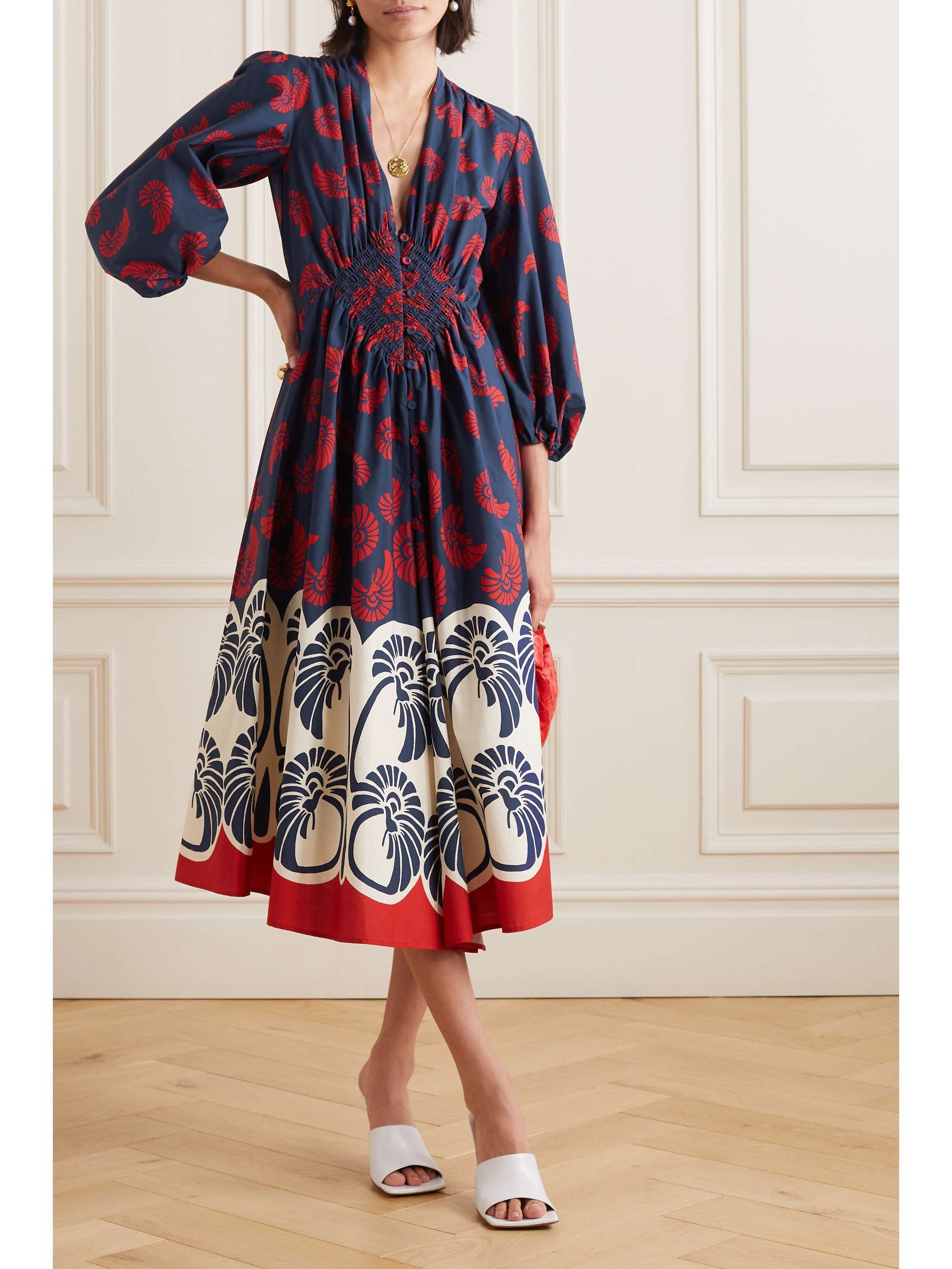 LA DOUBLEJ Camerino smocked printed cotton midi dress | NET-A-PORTER