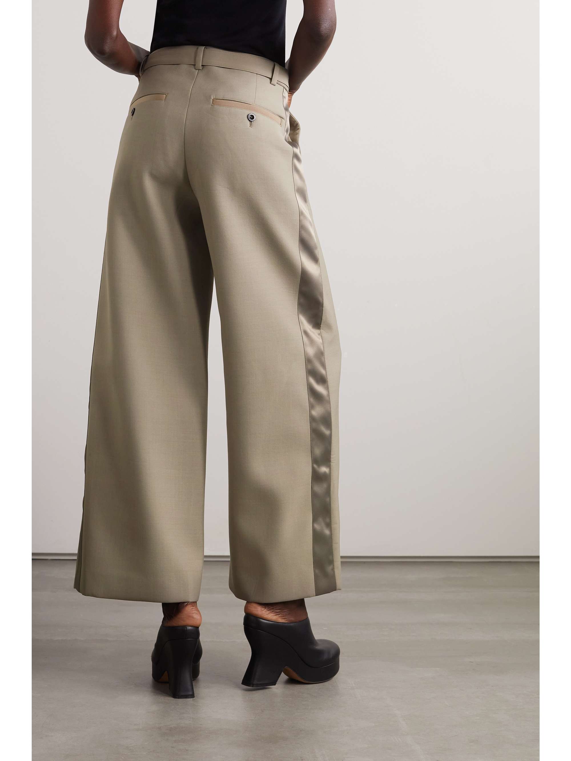 SACAI Cropped belted satin-trimmed woven straight-leg pants | NET-A-PORTER