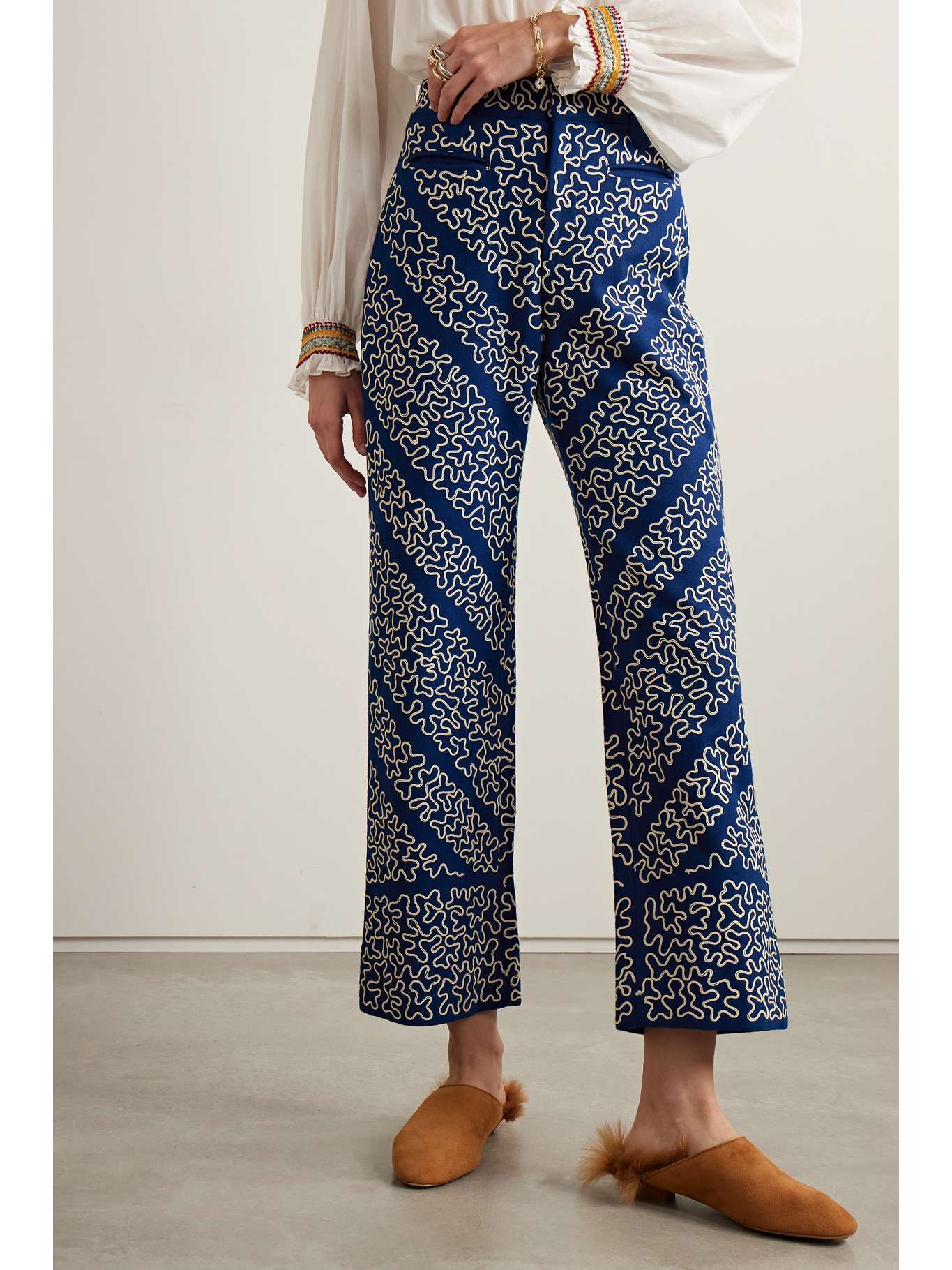 BODE Bombora cropped embroidered wool-blend wide-leg pants | NET-A-PORTER