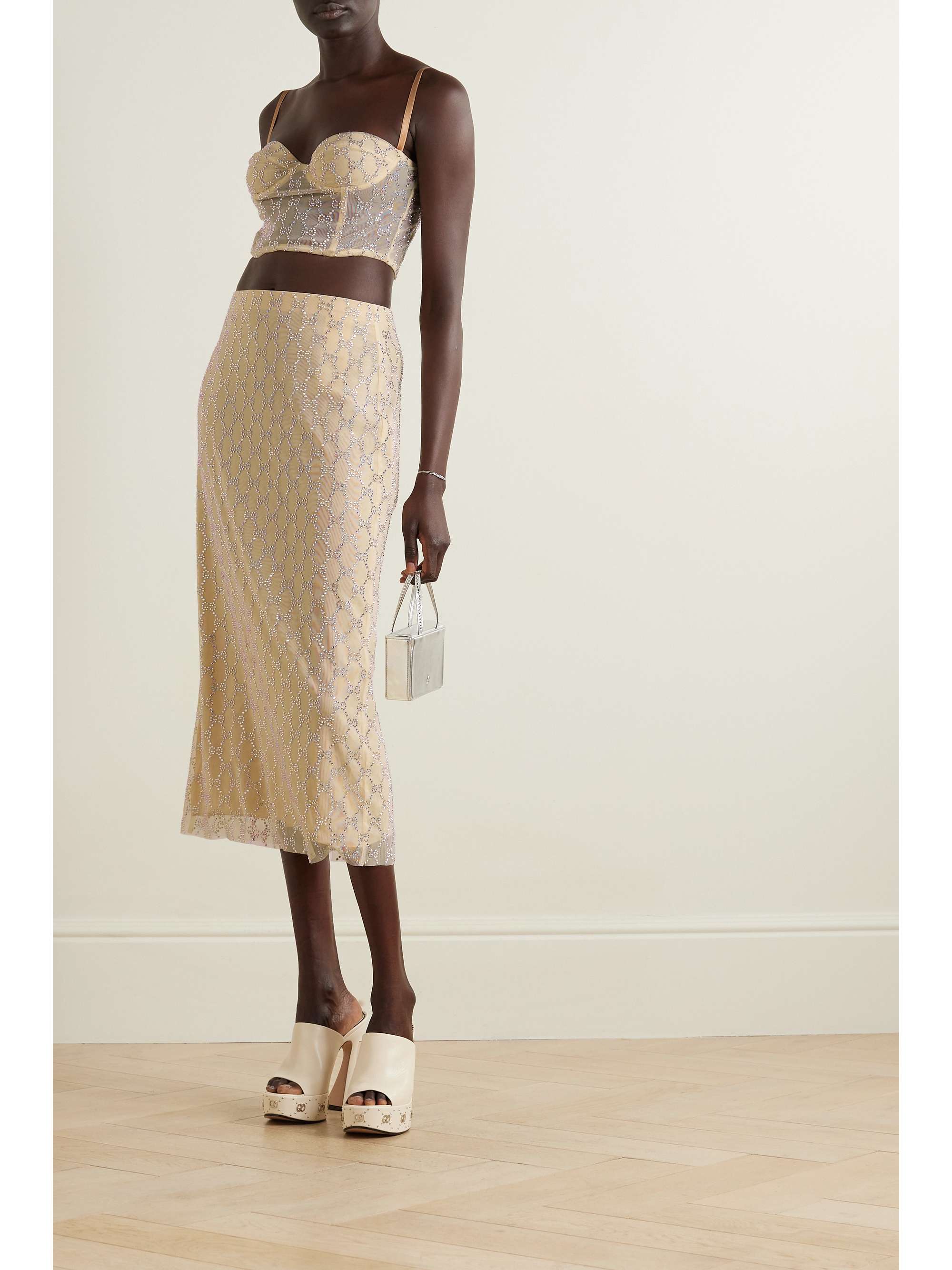 GUCCI Cropped crystal-embellished stretch-tulle bustier top | NET-A-PORTER