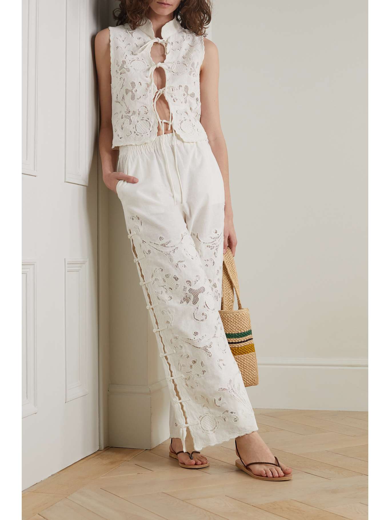 Sea Baylin Lace Trimmed Cotton And Flax Blend Voile Wide Leg Pants