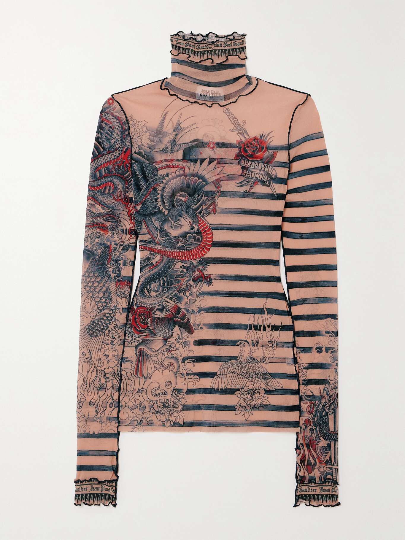 JEAN PAUL GAULTIER Printed tulle turtleneck top | NET-A-PORTER