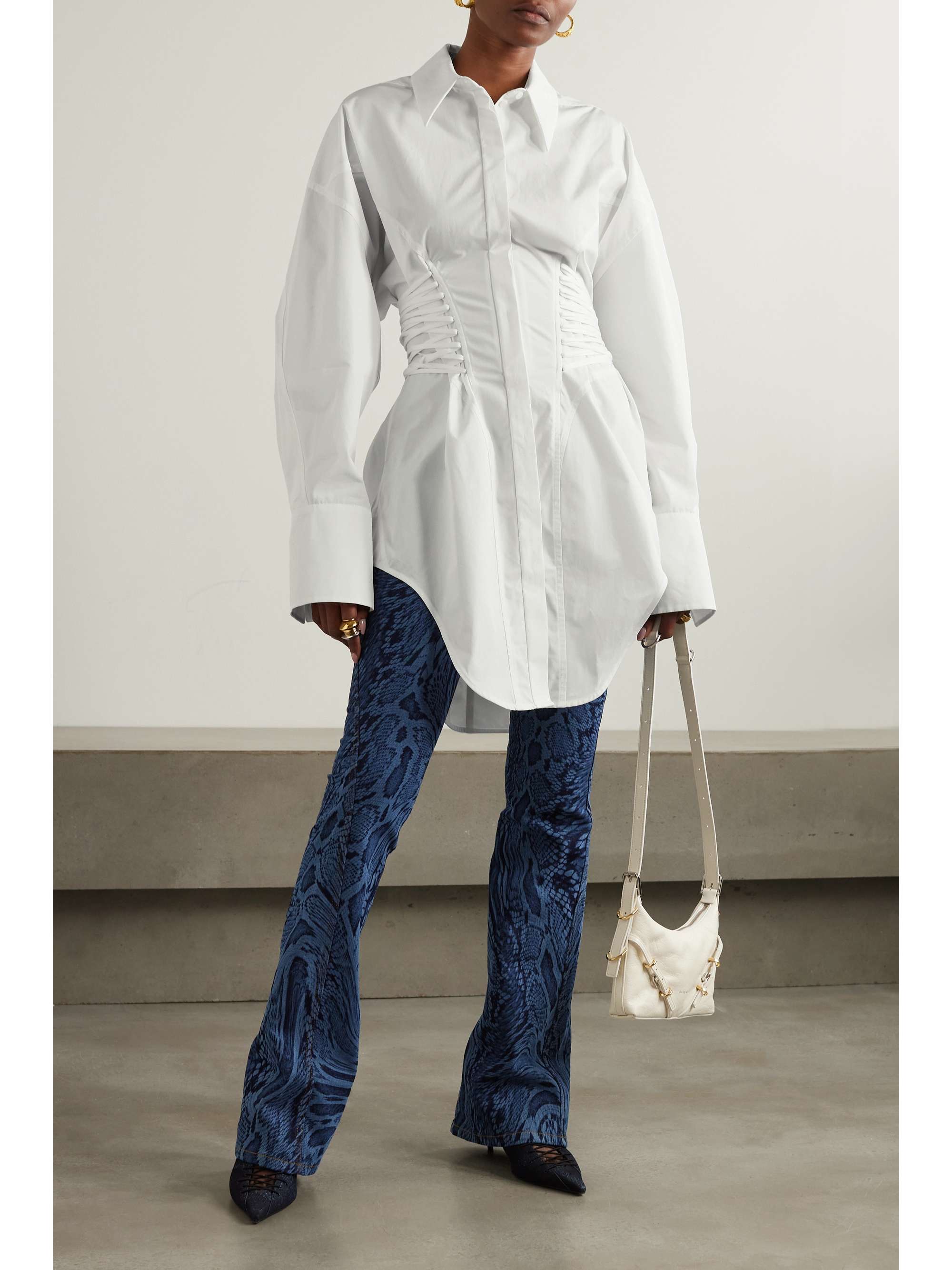 MUGLER Lace-up asymmetric cotton-poplin mini dress | NET-A-PORTER