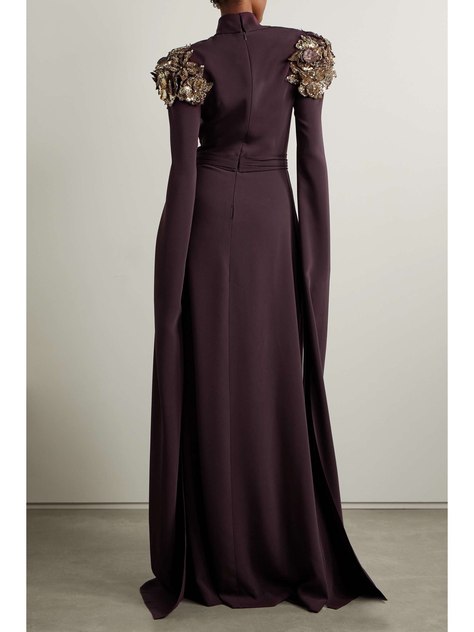 Plum Belted Appliquéd Crepe Gown Reem Acra Net A Porter