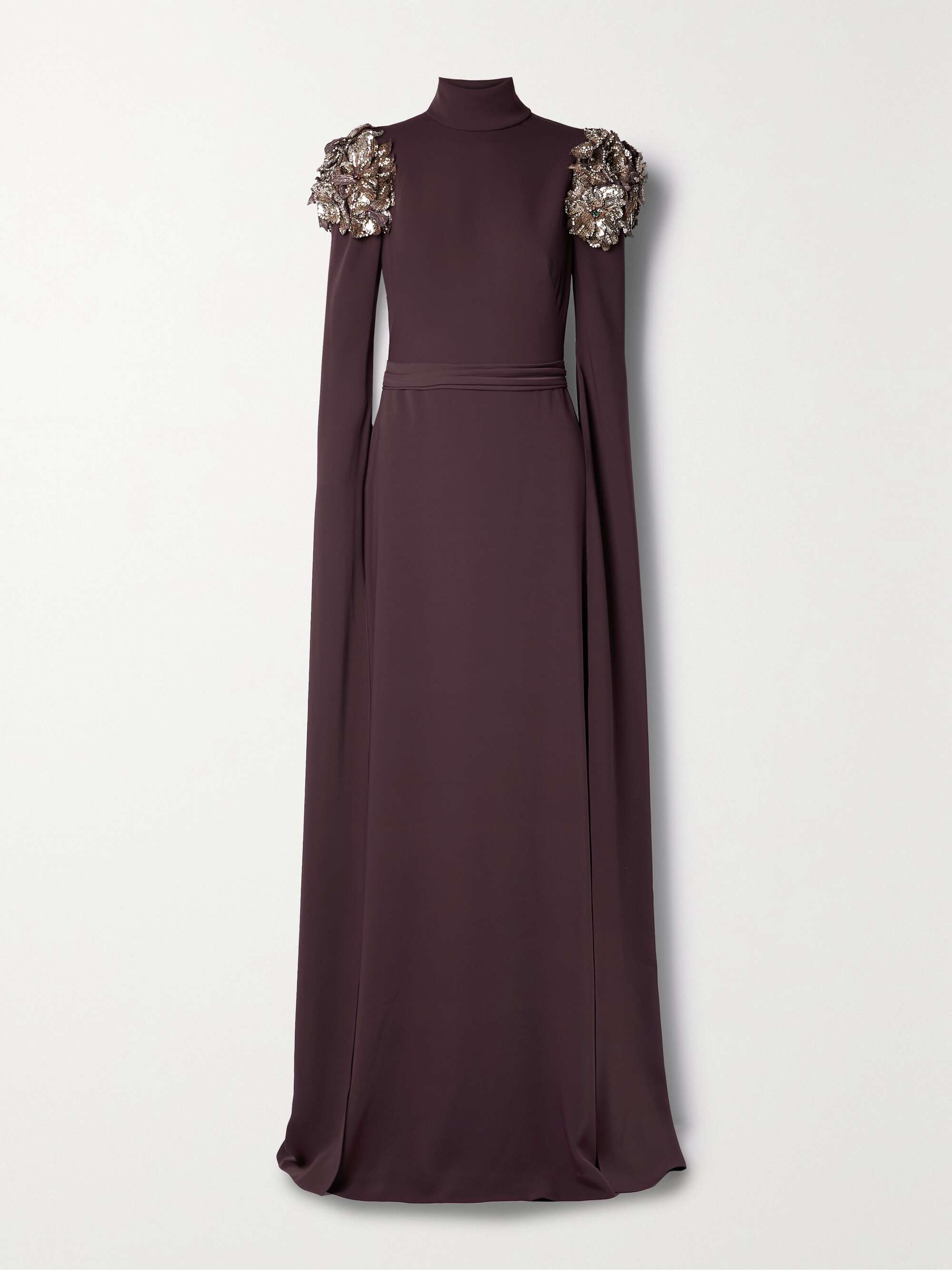 Plum Belted Appliquéd Crepe Gown Reem Acra Net A Porter