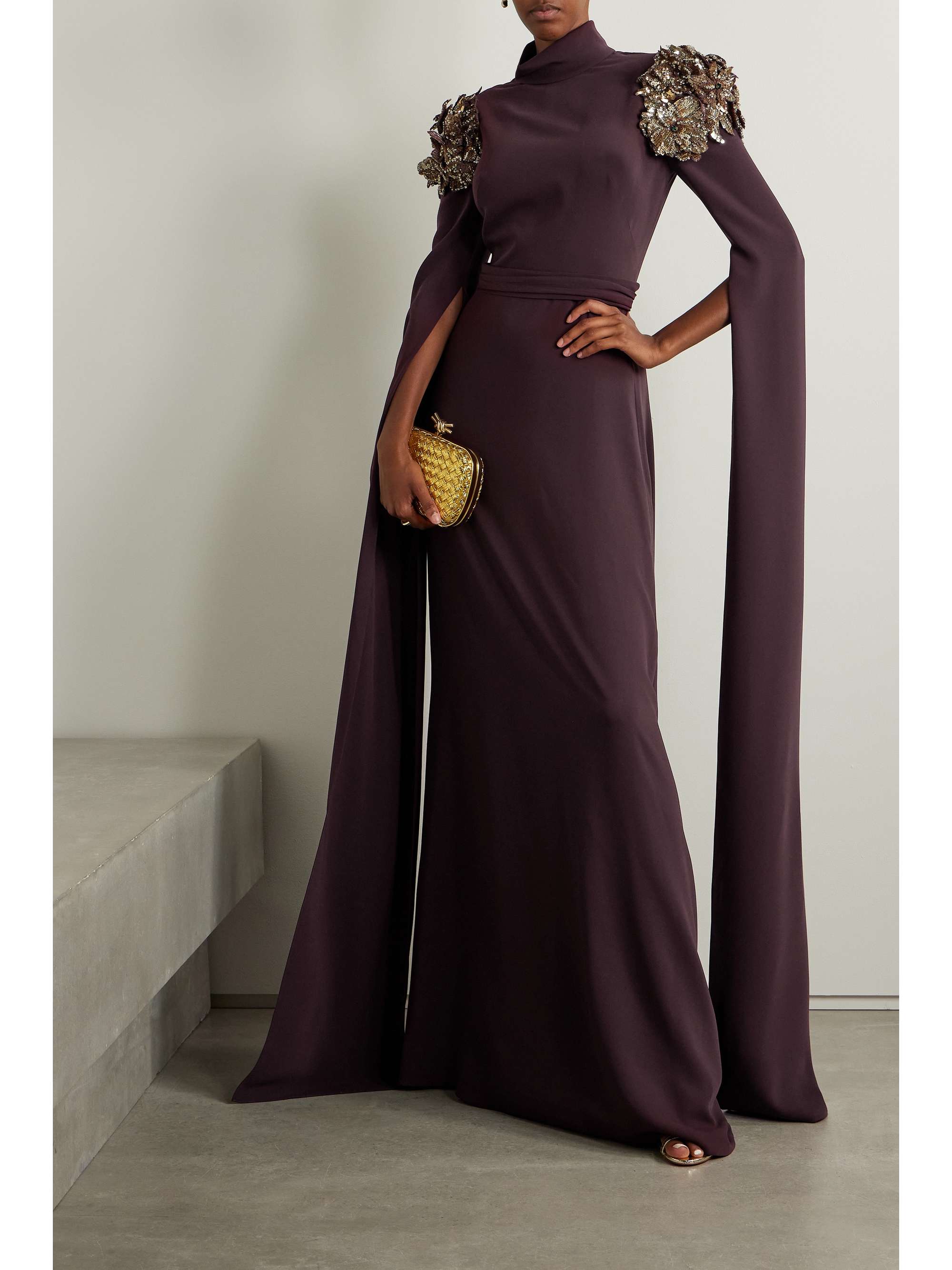 REEM ACRA Belted appliquéd crepe gown | NET-A-PORTER