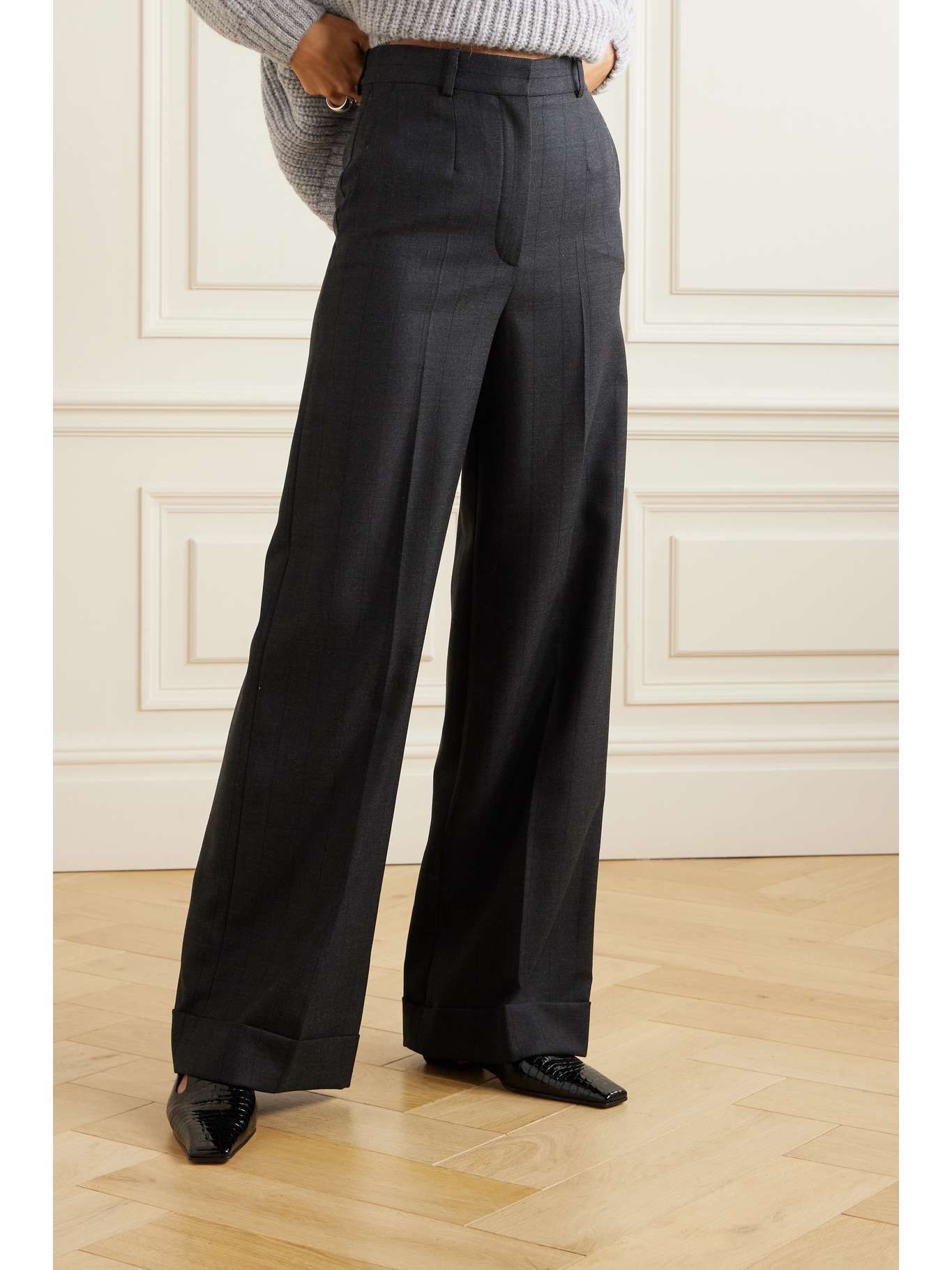 Gray Bibal pinstriped wool-twill wide-leg pants | LORO PIANA | NET-A-PORTER