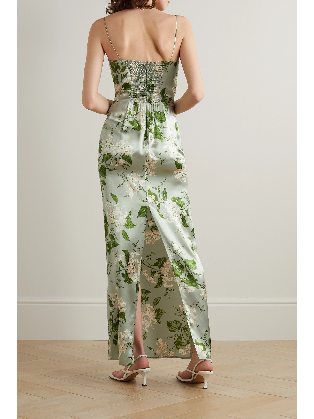 Reformation Frankie Floral Print Silk Dress In Green Modesens