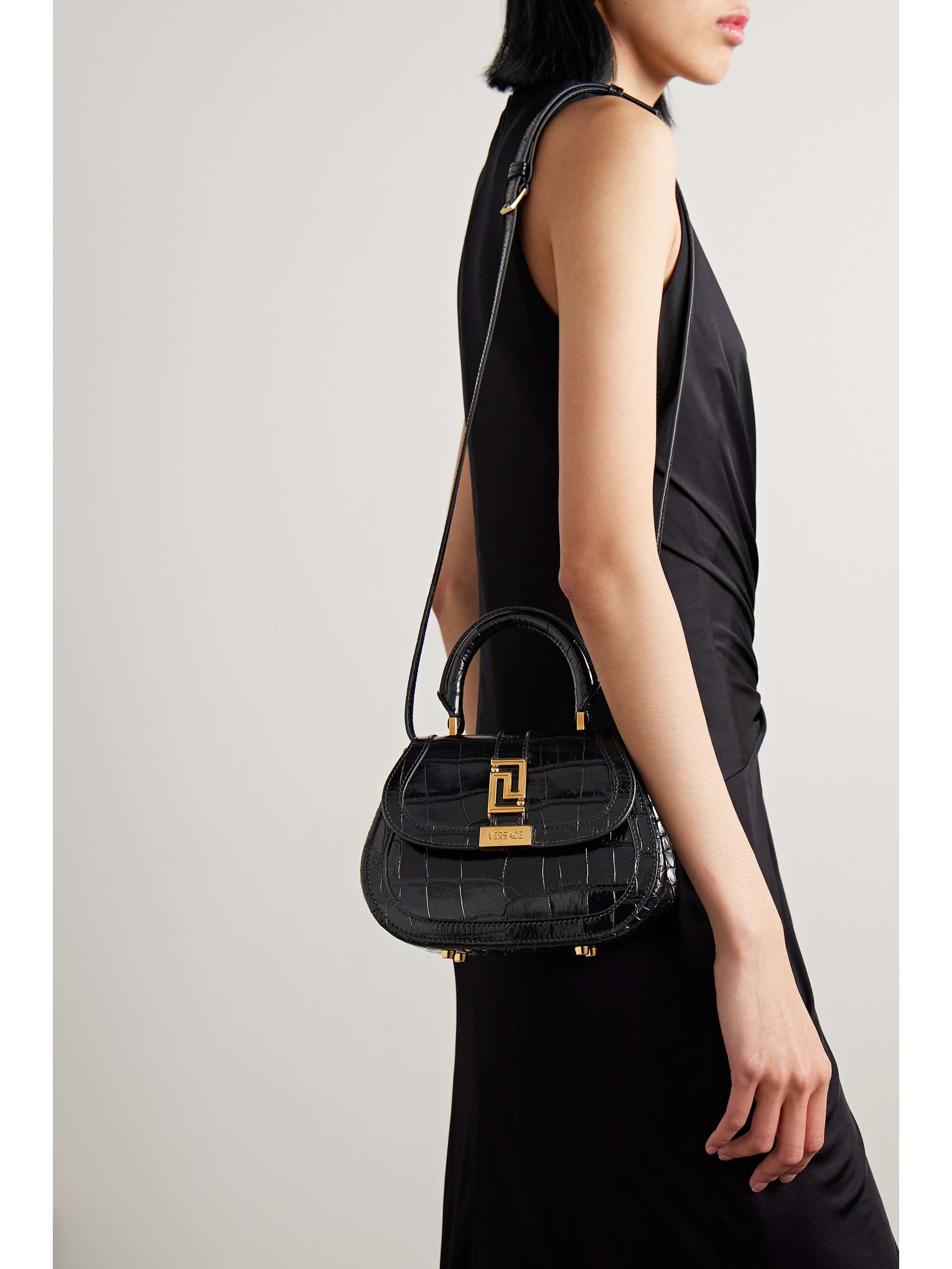 VERSACE Mini embellished croc-effect leather tote | NET-A-PORTER