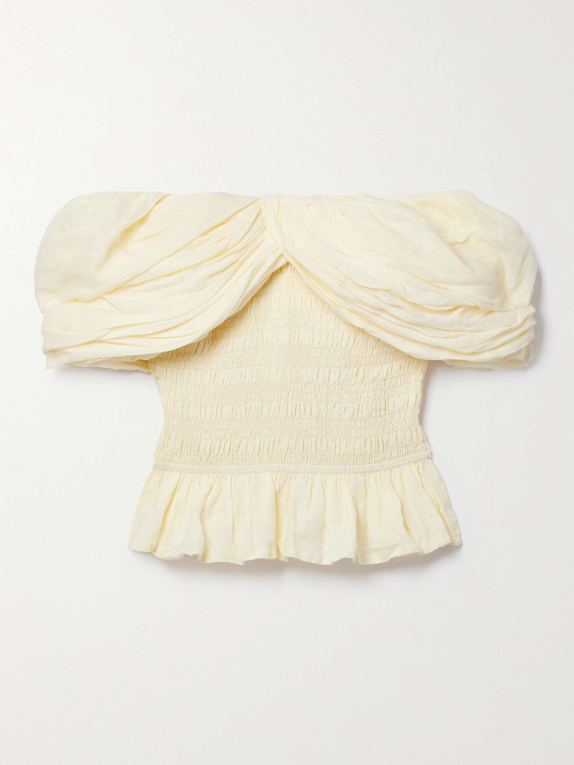 SEA Loren off-the-shoulder shirred ruffled ramie blouse | NET-A-PORTER
