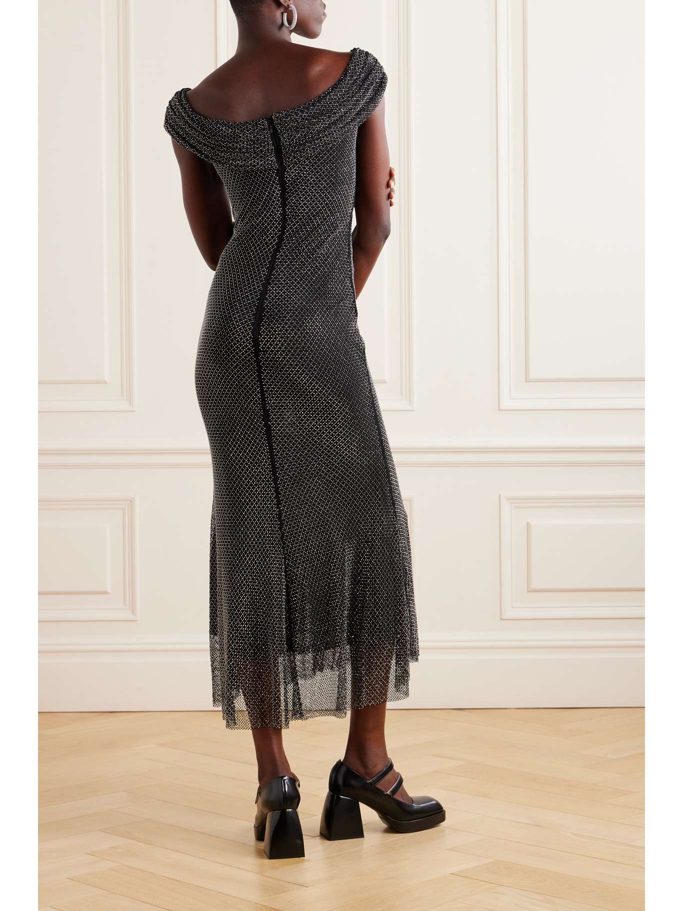 SELF-PORTRAIT Off-the-shoulder crystal-embellished fishnet midi dress ...