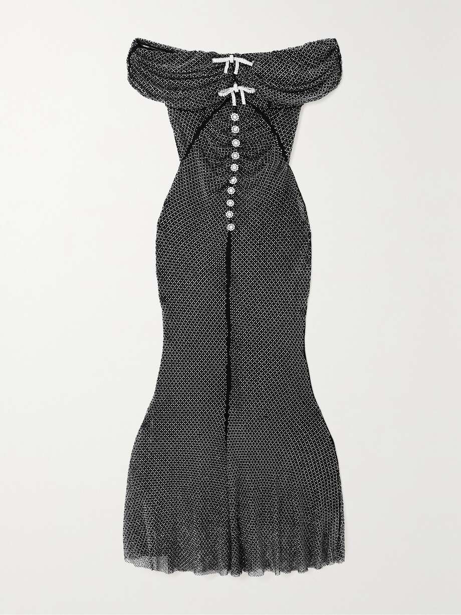 SELF-PORTRAIT Off-the-shoulder crystal-embellished fishnet midi dress ...