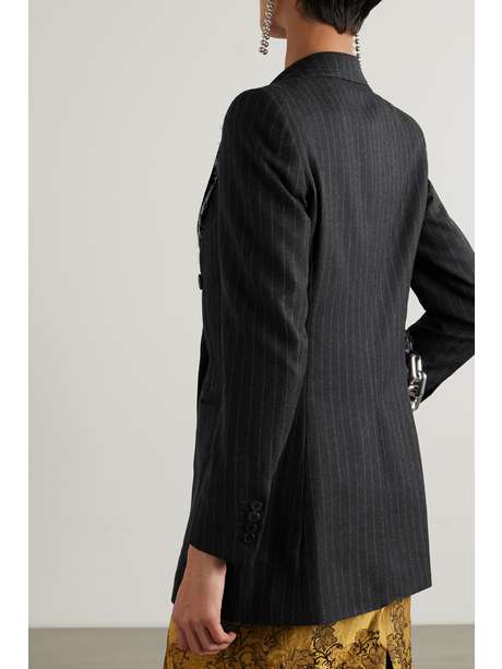 Double-breasted distressed brocade-trimmed pinstriped wool-blend blazer ...