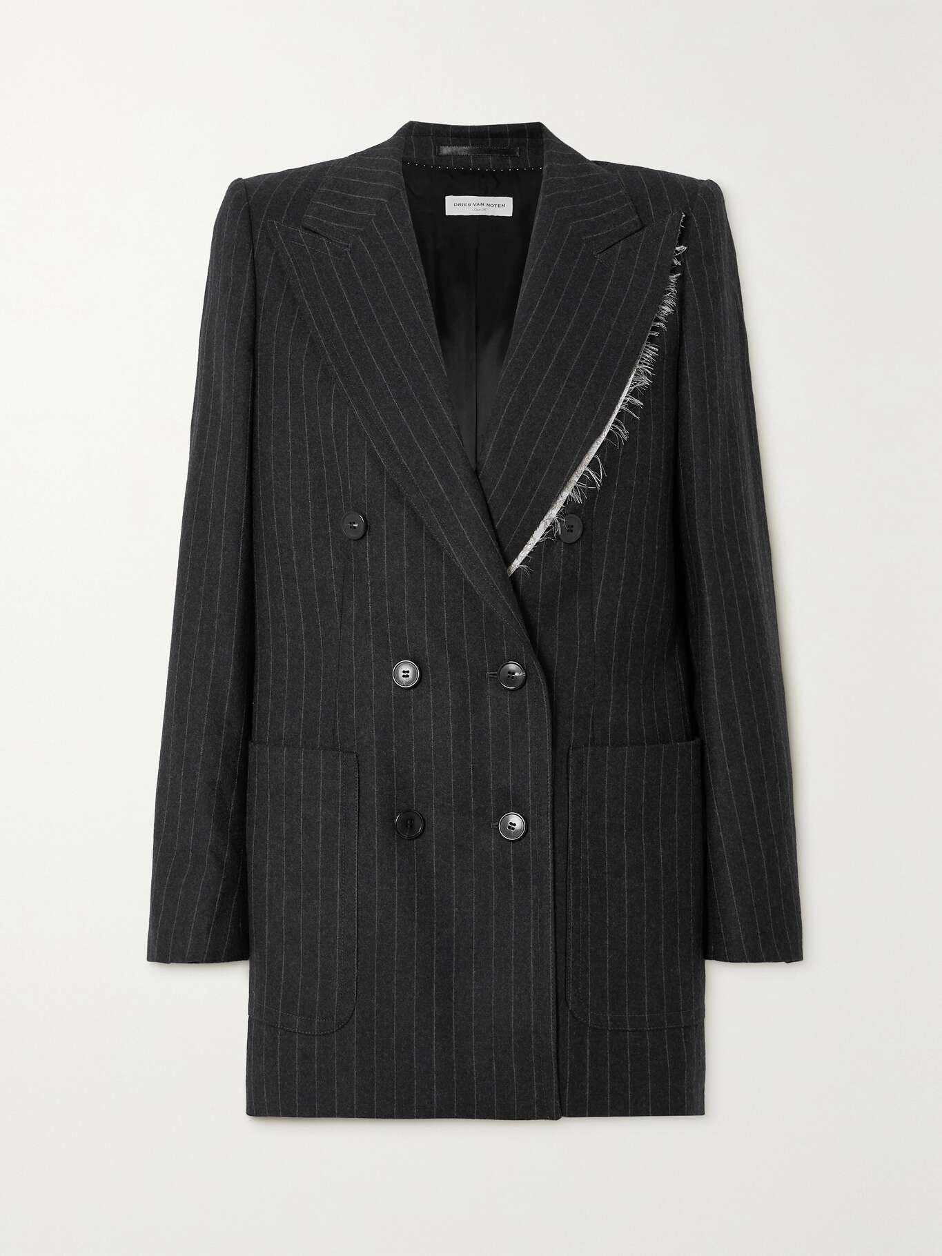 Double-breasted distressed brocade-trimmed pinstriped wool-blend blazer ...