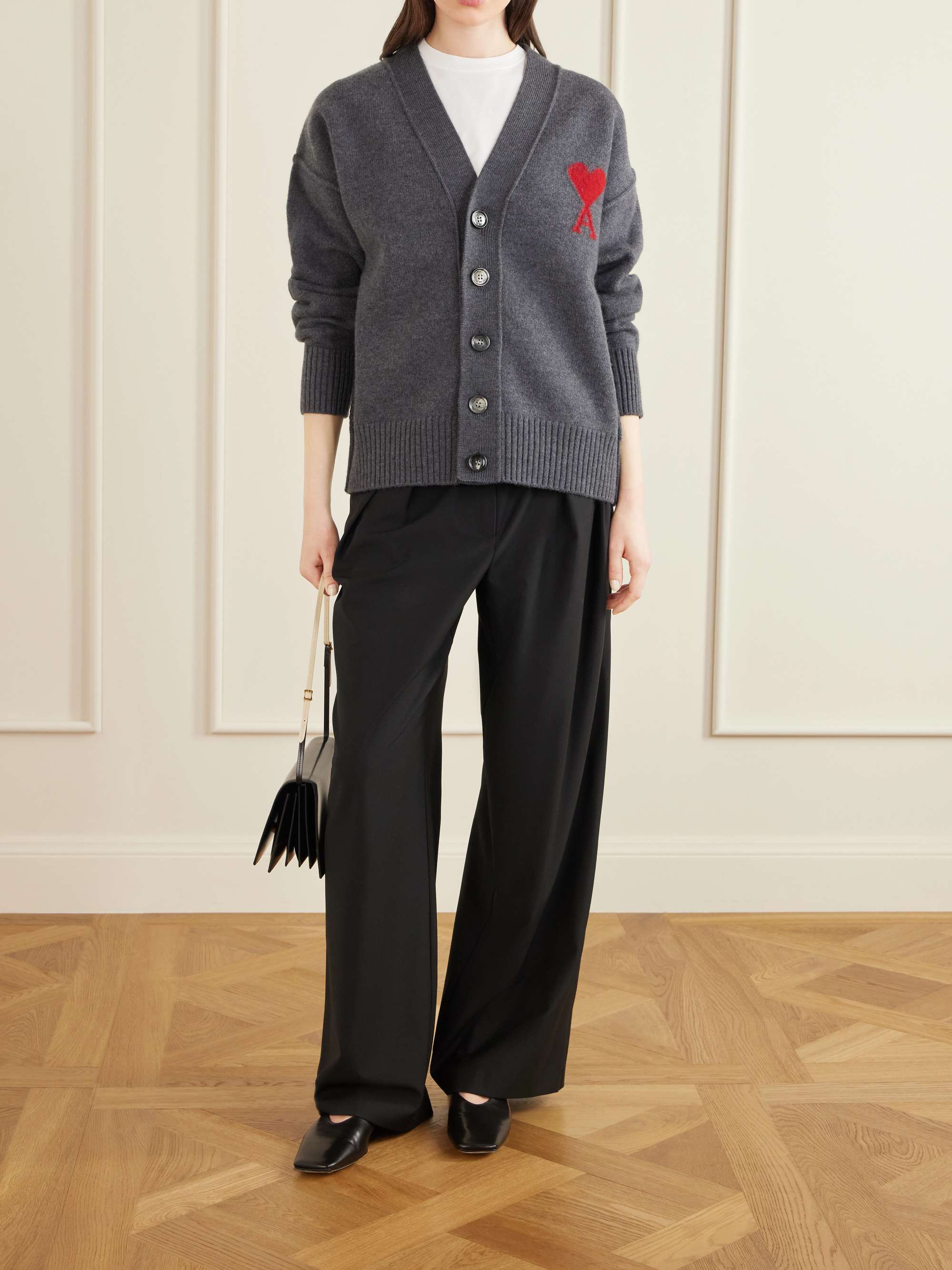 AMI PARIS + NET SUSTAIN ADC intarsia wool cardigan | NET-A-PORTER
