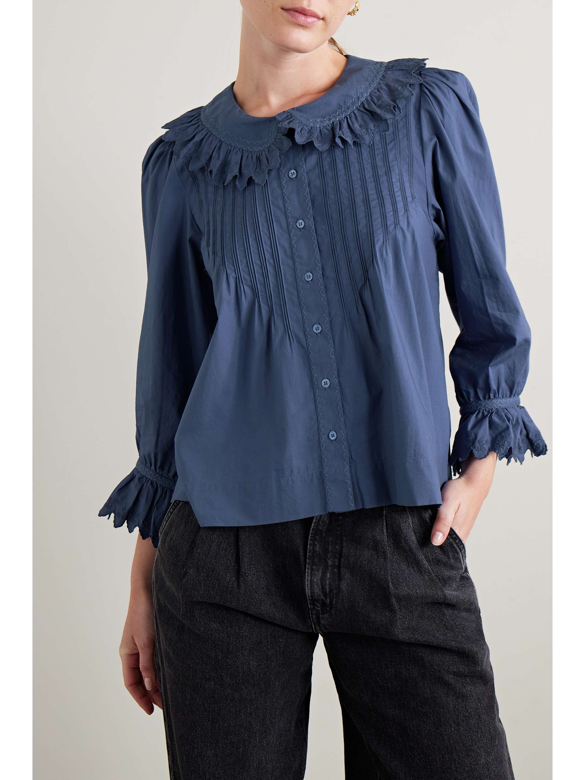 DÔEN + NET SUSTAIN Hickory ruffled pintucked embroidered organic cotton ...