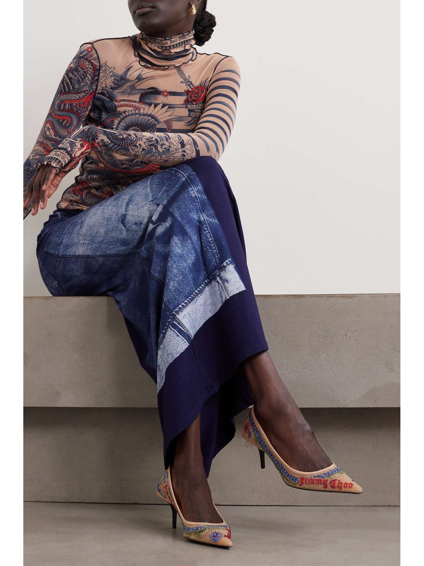 JIMMY CHOO + Jean Paul Gaultier 60 embellished printed mesh pumps | NET ...