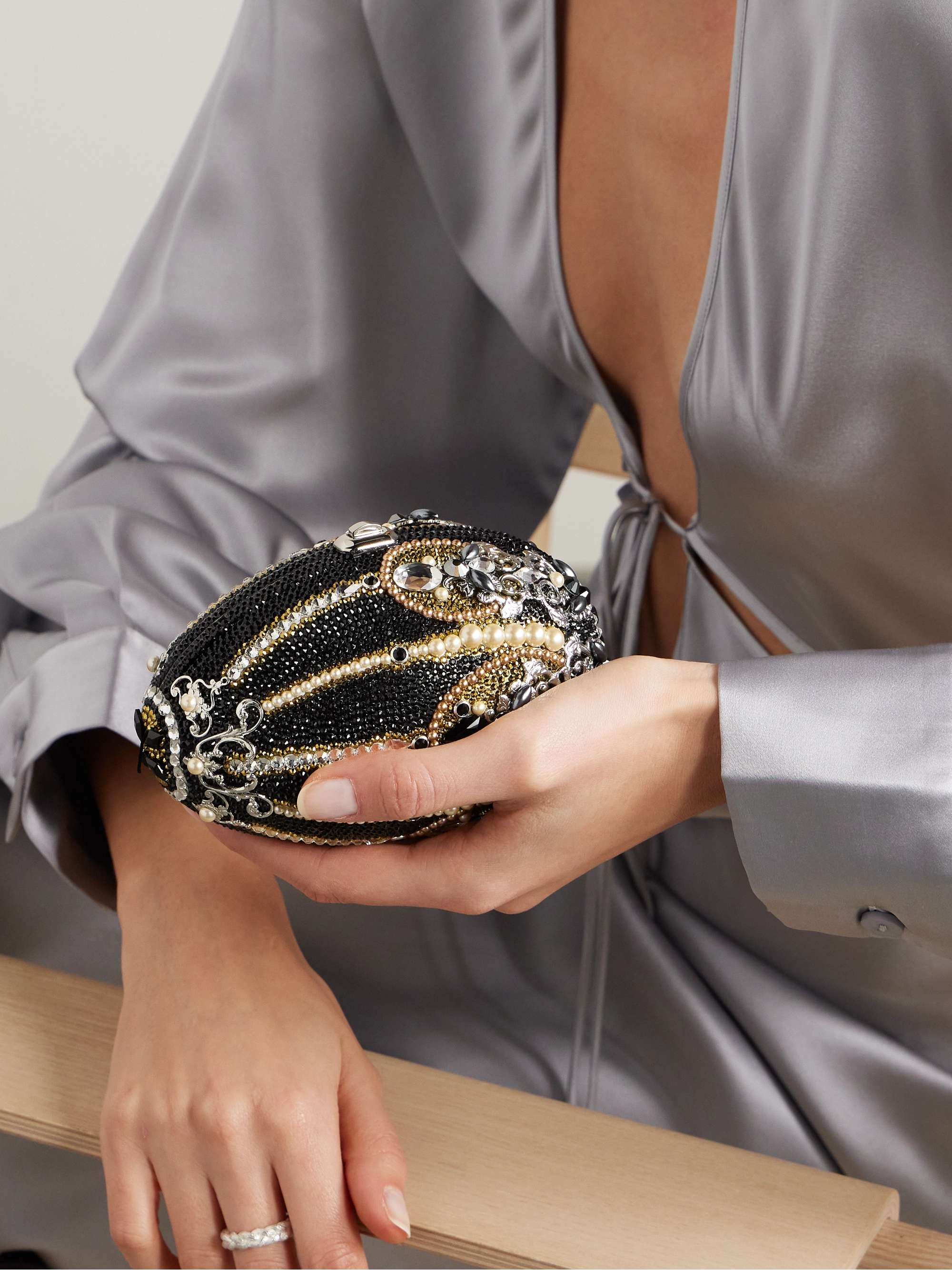 JUDITH LEIBER COUTURE Tasseled crystal and pearl embellished silver tone clutch NET A PORTER