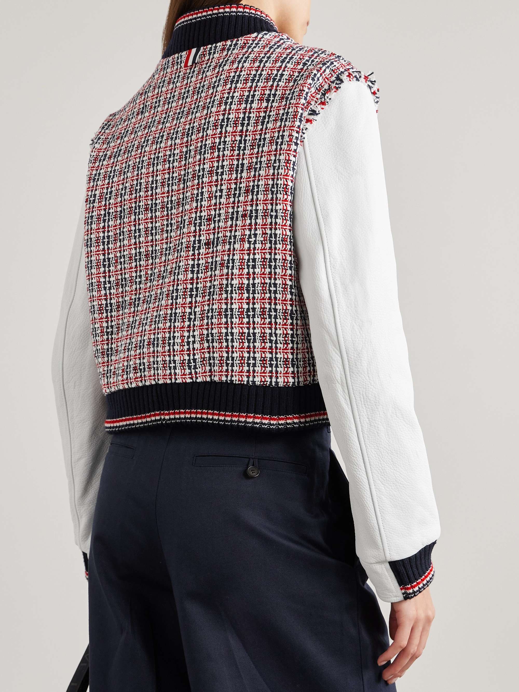 THOM BROWNE Cropped frayed tweed and leather bomber jacket | NET-A-PORTER