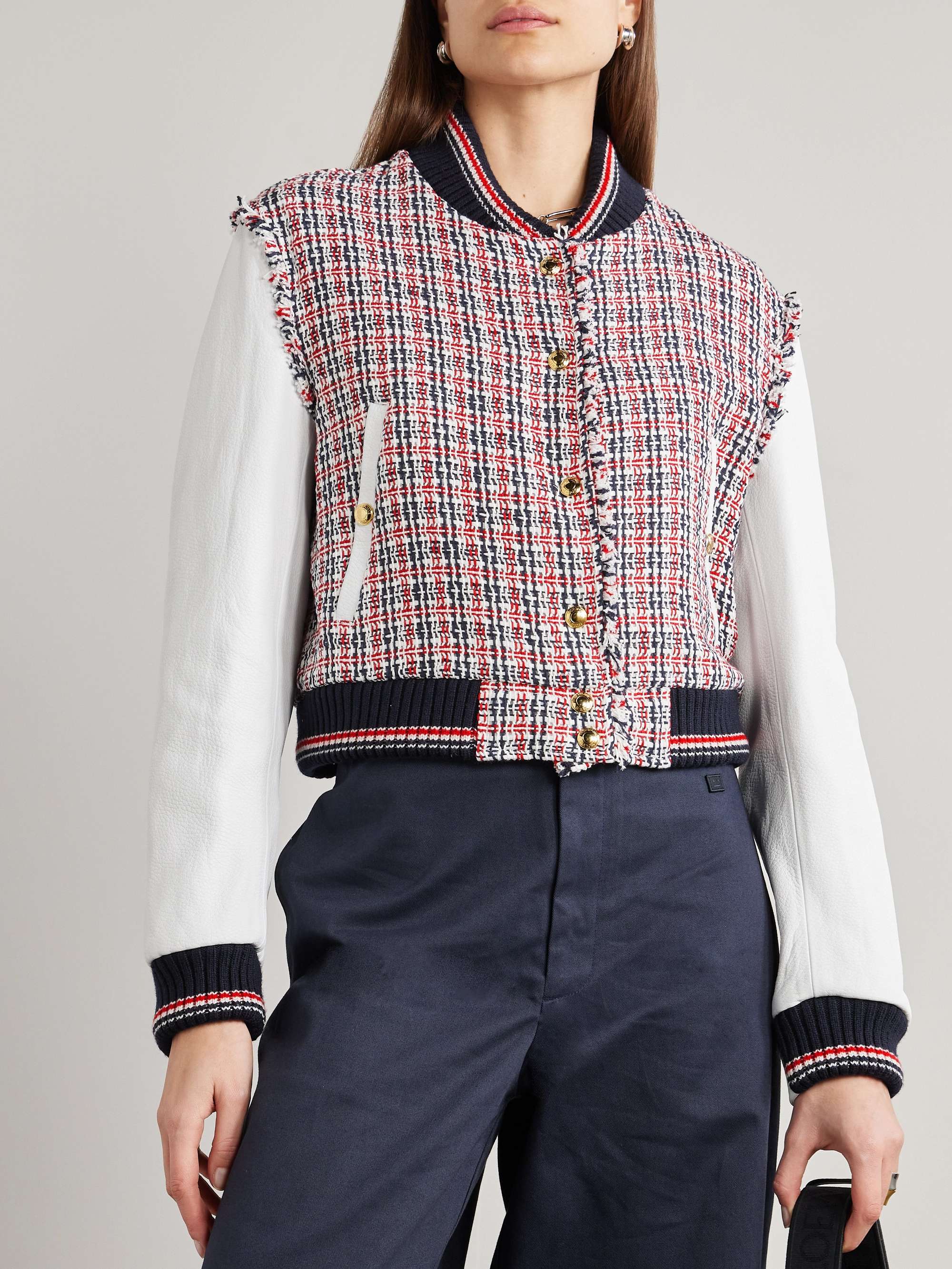 THOM BROWNE Cropped frayed tweed and leather bomber jacket | NET-A-PORTER